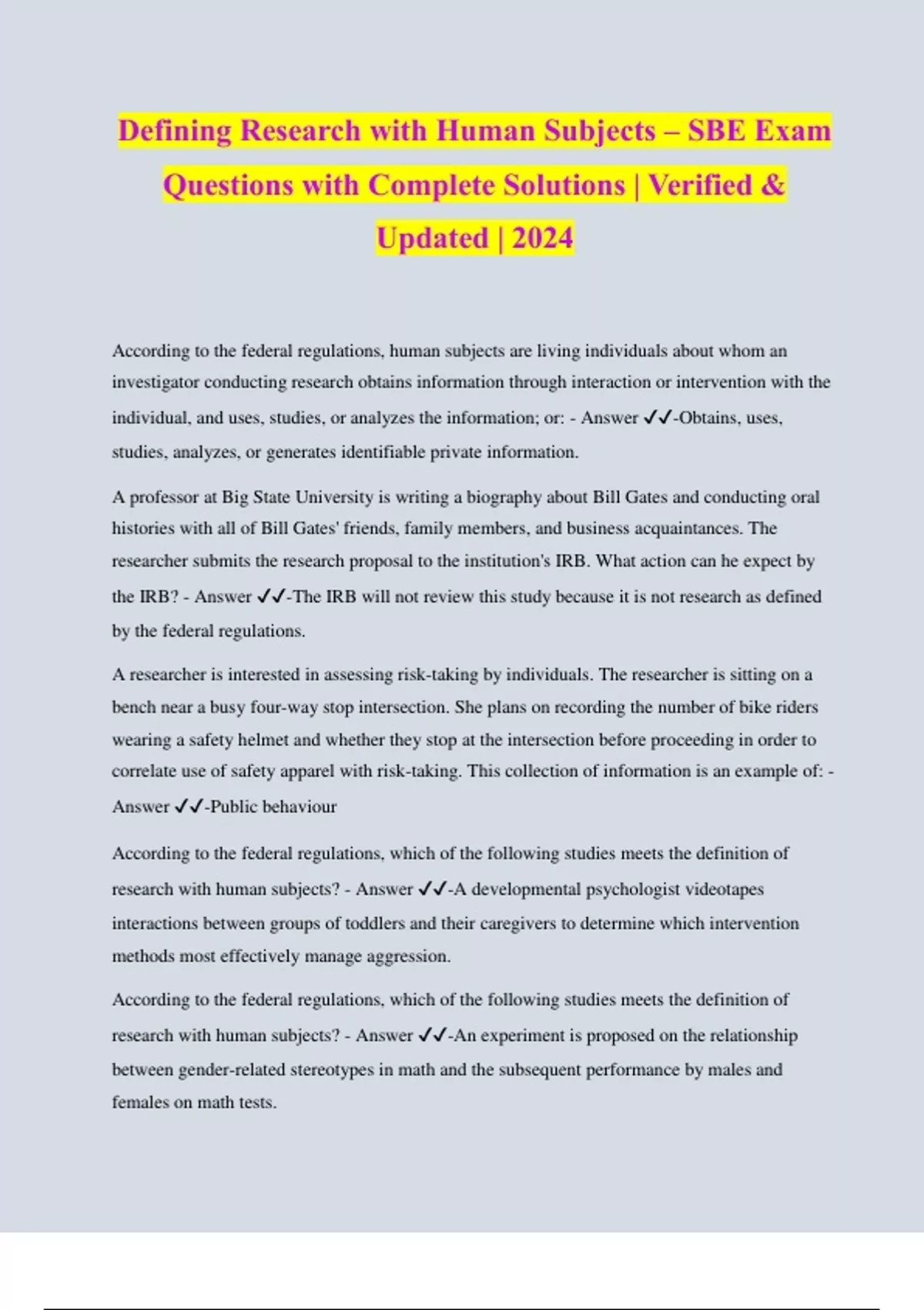 Defining Research with Human Subjects – SBE Exam Questions with ...