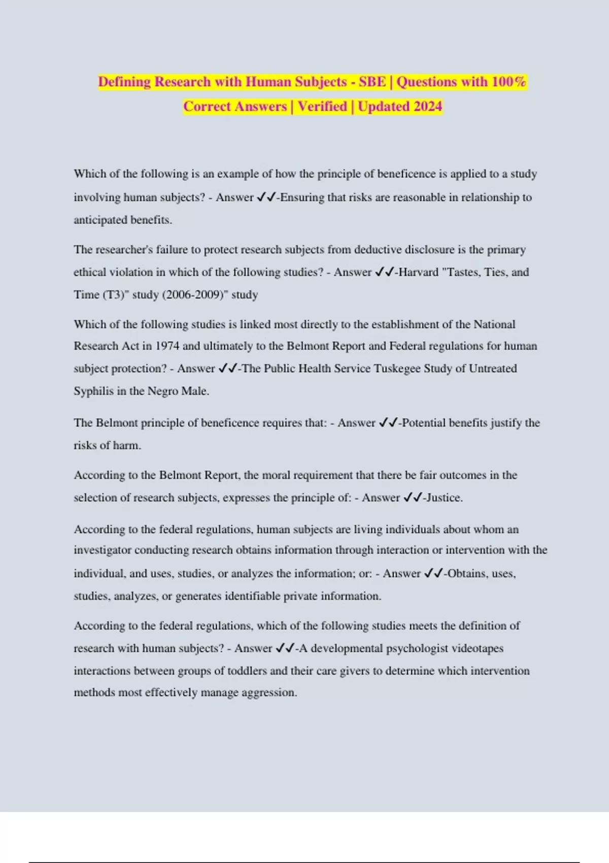 Defining Research with Human Subjects - SBE | Questions with 100% ...