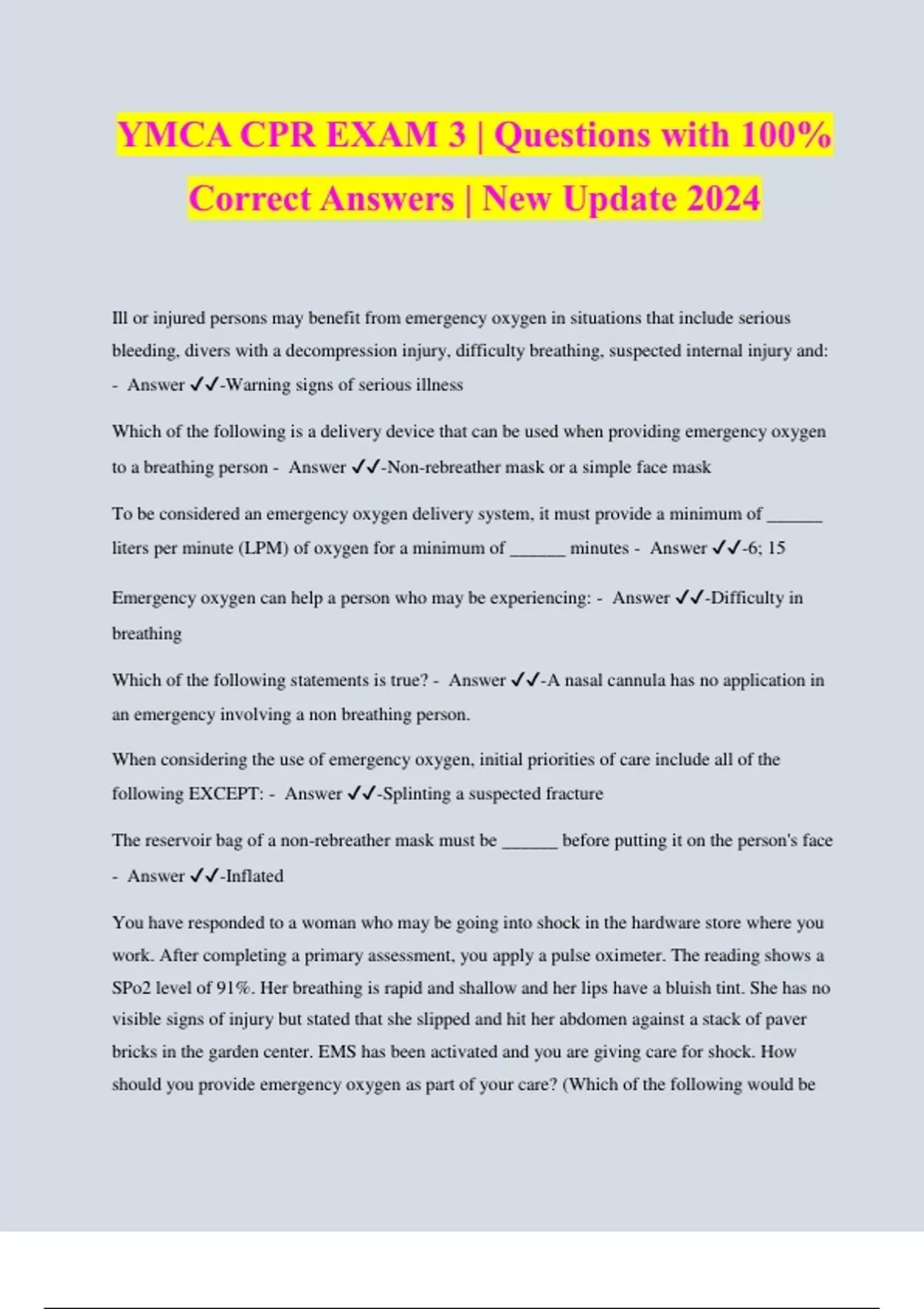 YMCA CPR EXAM 3 | Questions with 100% Correct Answers | New Update 2024 ...