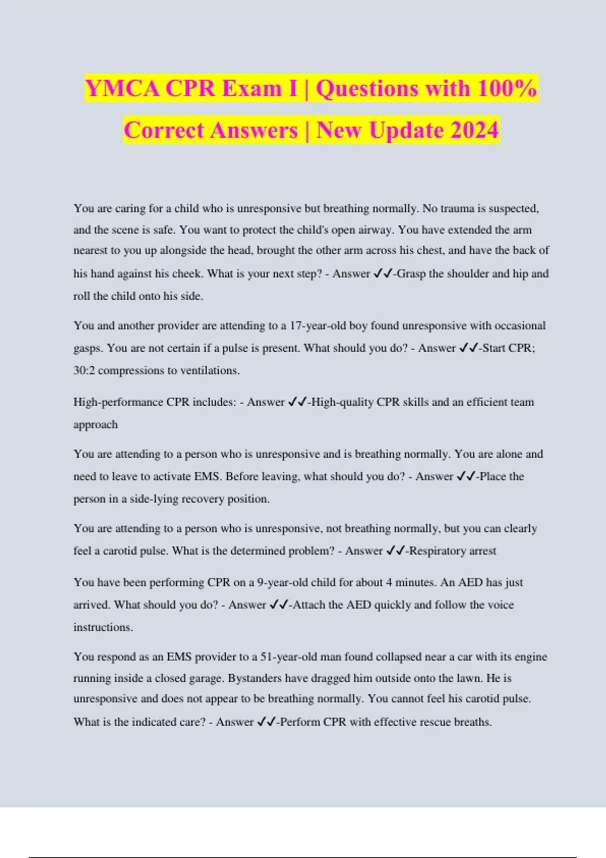 YMCA CPR Exam I | Questions with 100% Correct Answers | New Update 2024 ...