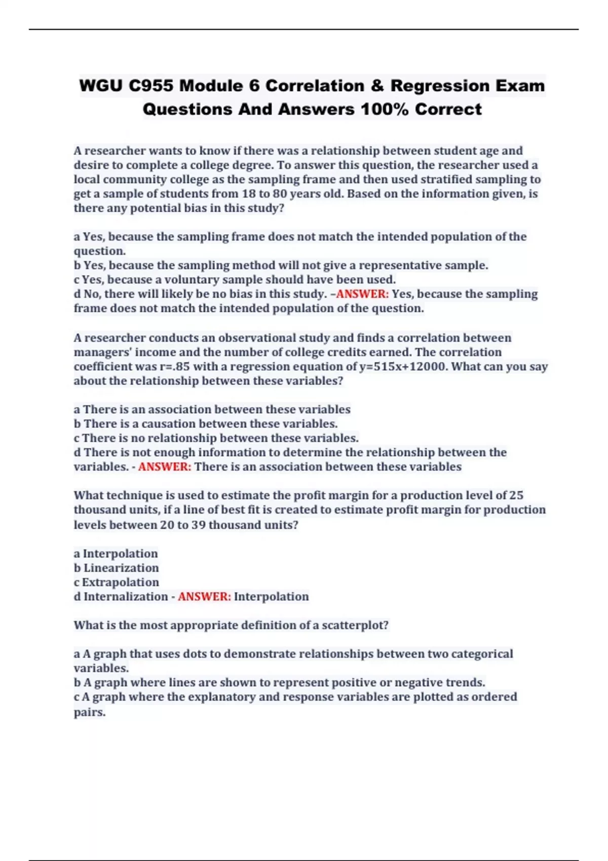 WGU C955 Module 6 Correlation & Regression Exam Questions And Answers 100% Correct - WGU C955 ...
