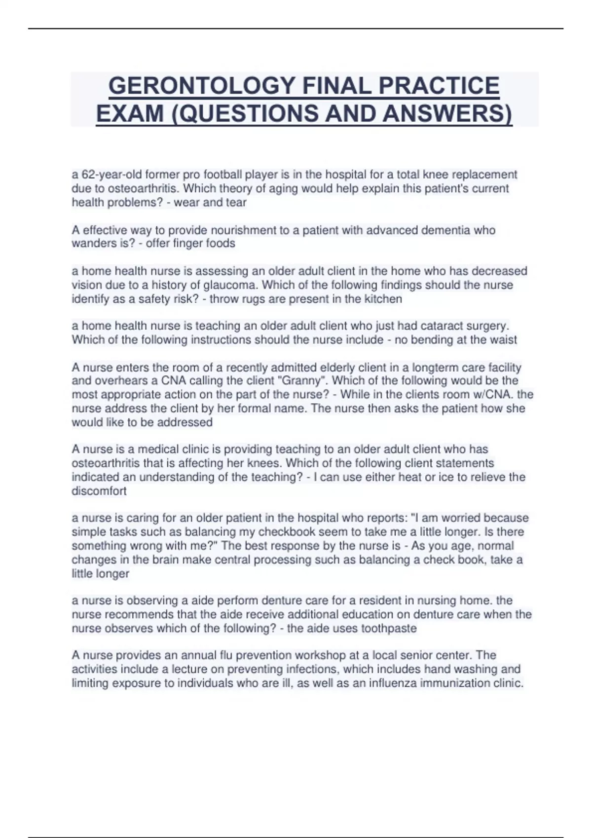 GERONTOLOGY FINAL PRACTICE EXAM (QUESTIONS AND ANSWERS) - GERONTOLOGY ...