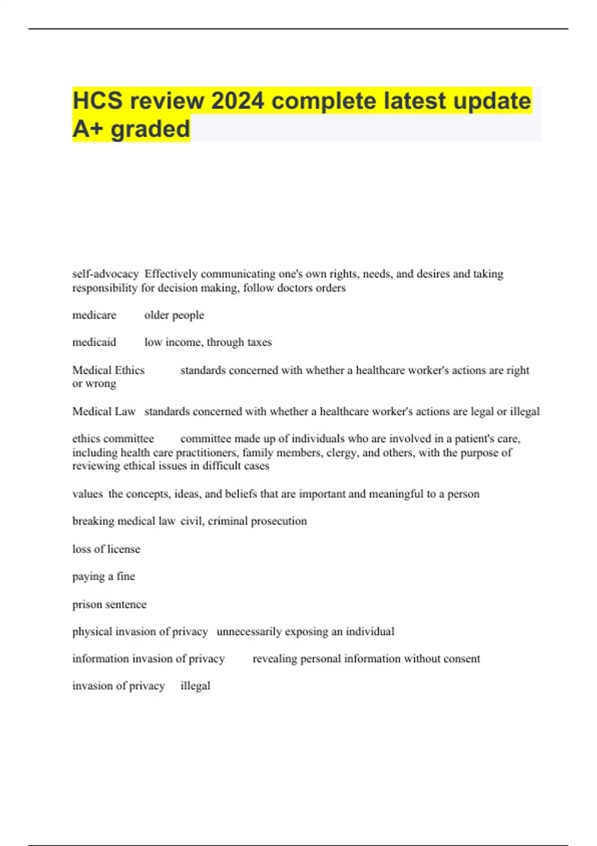 HCS review 2024 complete latest update A+ graded - HCS 589 - Stuvia US