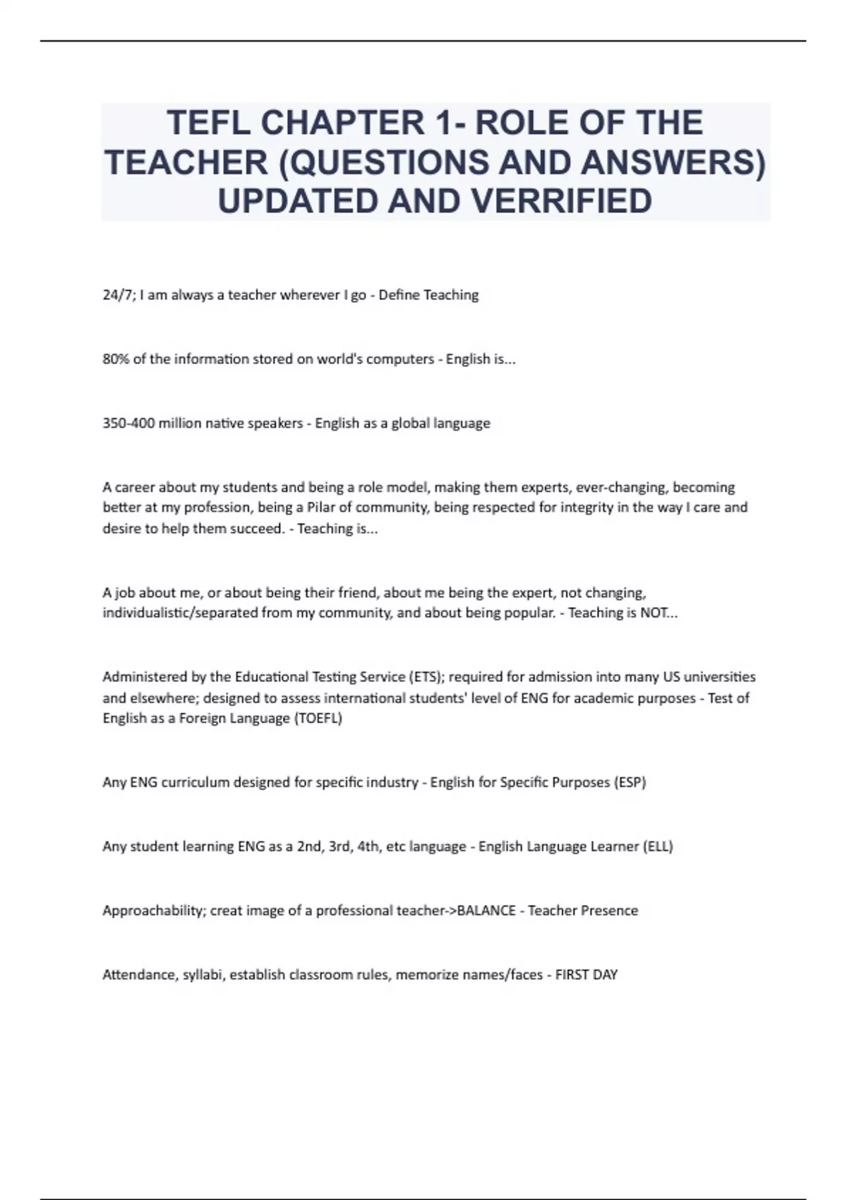 TEFL CHAPTER 1- ROLE OF THE TEACHER (QUESTIONS AND ANSWERS) UPDATED AND ...