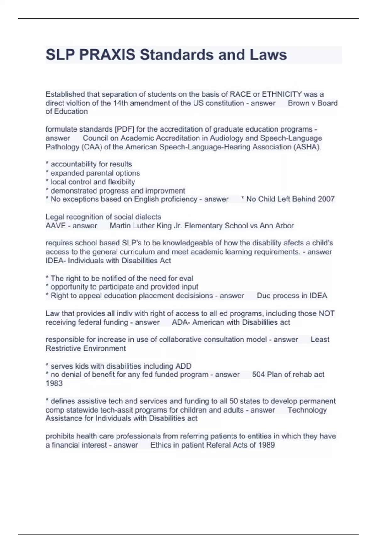 SLP PRAXIS Standards and Laws Questions with correct Answers 2024 - Slp ...