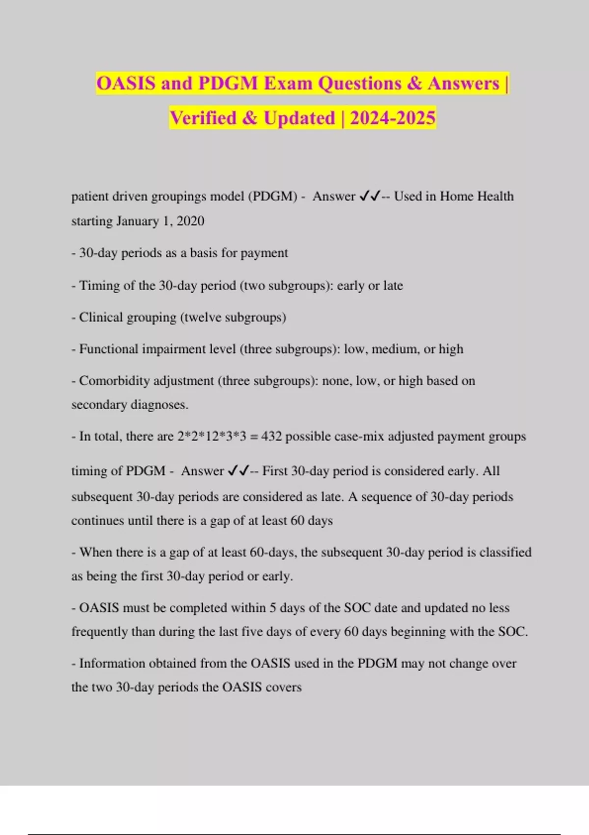 OASIS and PDGM Exam Questions & Answers | Verified & Updated | - OASIS ...