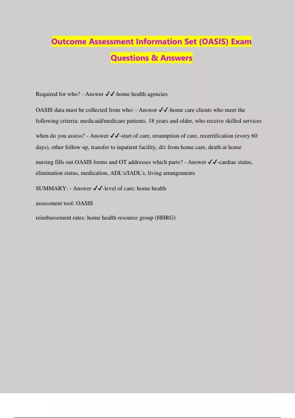 Outcome Assessment Information Set (OASIS) Exam Questions & Answers ...