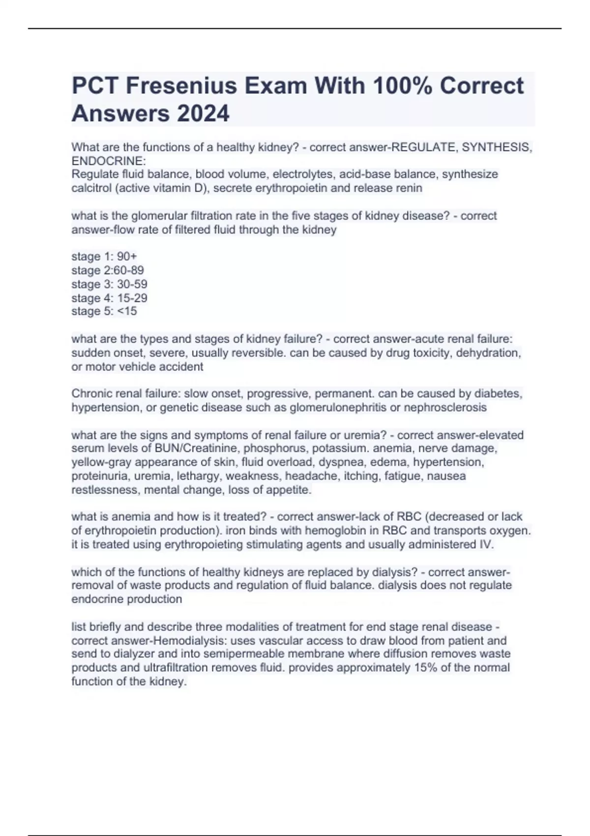 PCT Fresenius Exam With 100% Correct Answers 2024 - PCT - Stuvia US