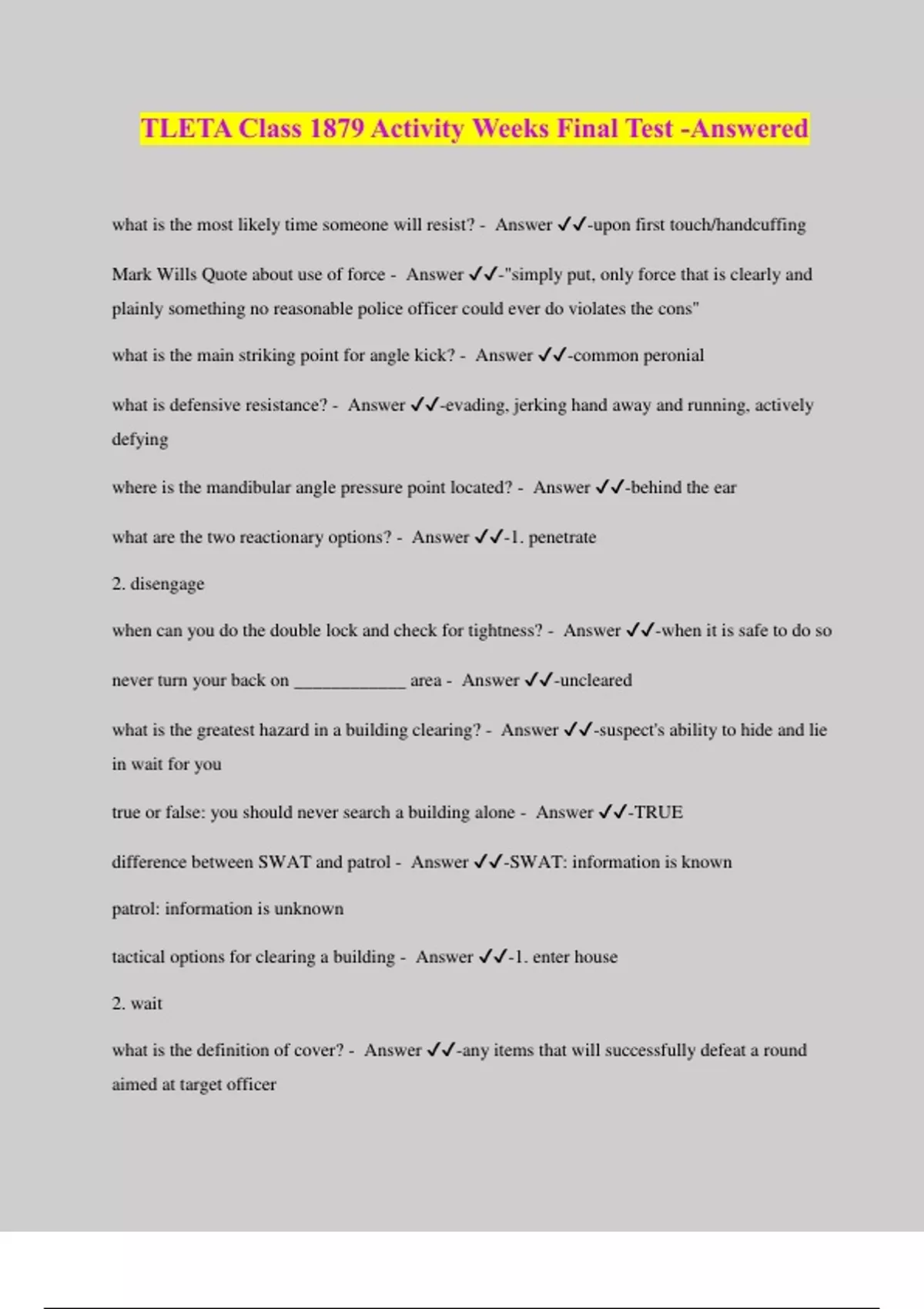 TLETA Class 1879 Activity Weeks Final Test -Answered - TLETA - Stuvia US