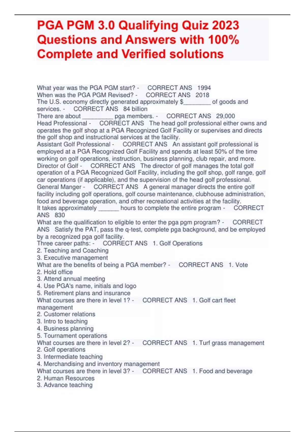 PGA PGM 3.0 Qualifying Quiz 2023 Questions and Answers with 100% Complete and Verified solutions ...