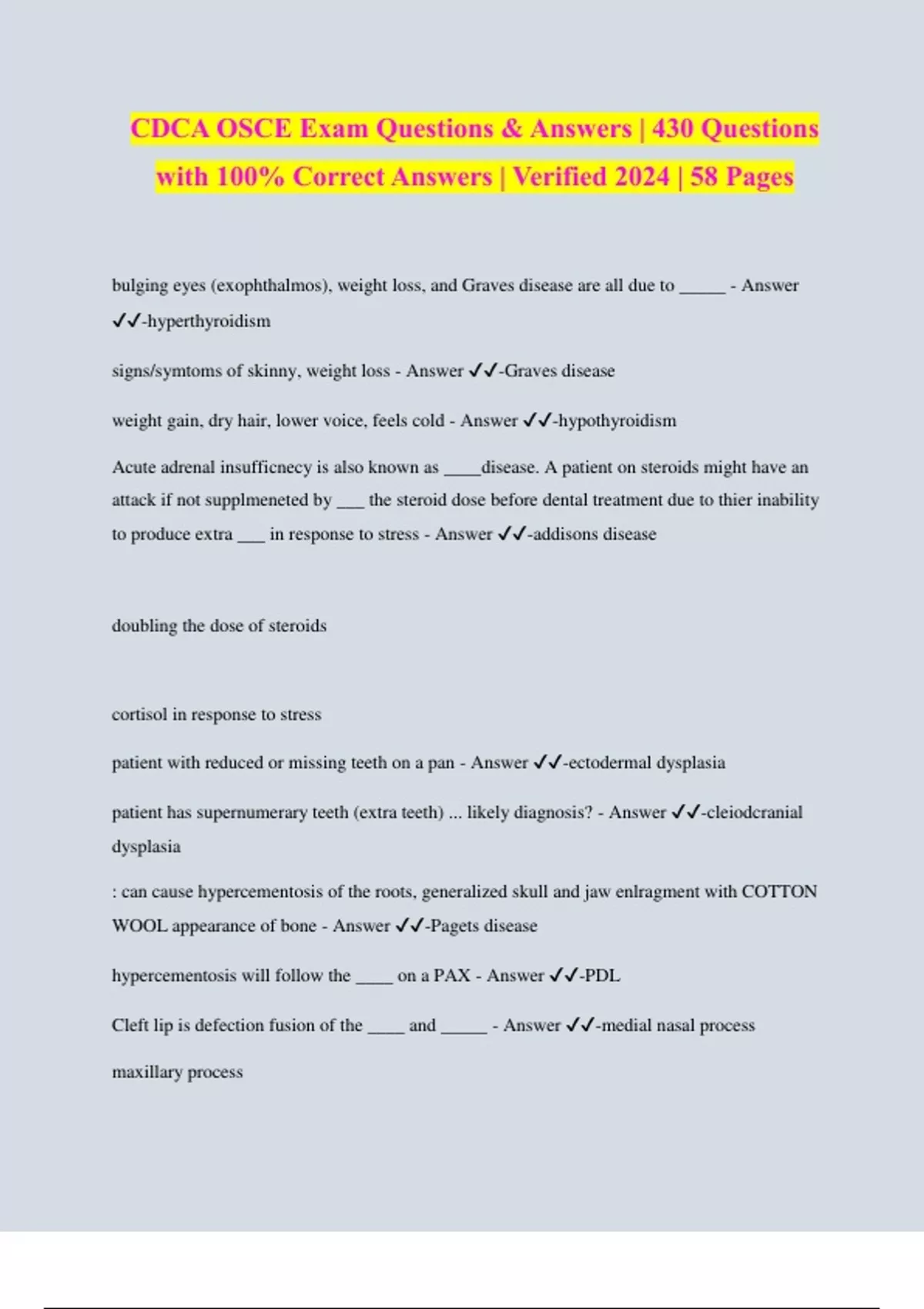 CDCA OSCE Exam Questions & Answers | 430 Questions with 100% Correct ...