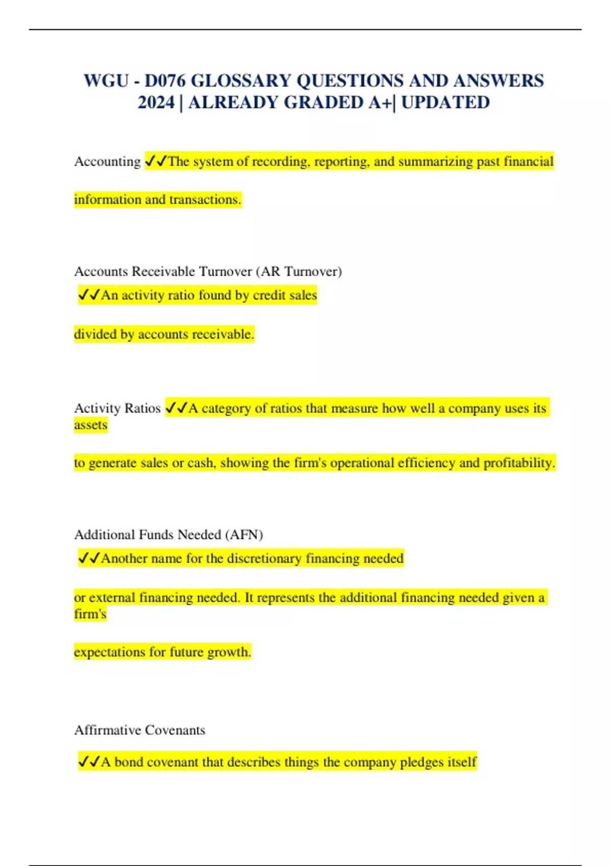 WGU - D076 GLOSSARY QUESTIONS AND ANSWERS 2024 | ALREADY GRADED A+| UPDATED - WGU - D076 - Stuvia US
