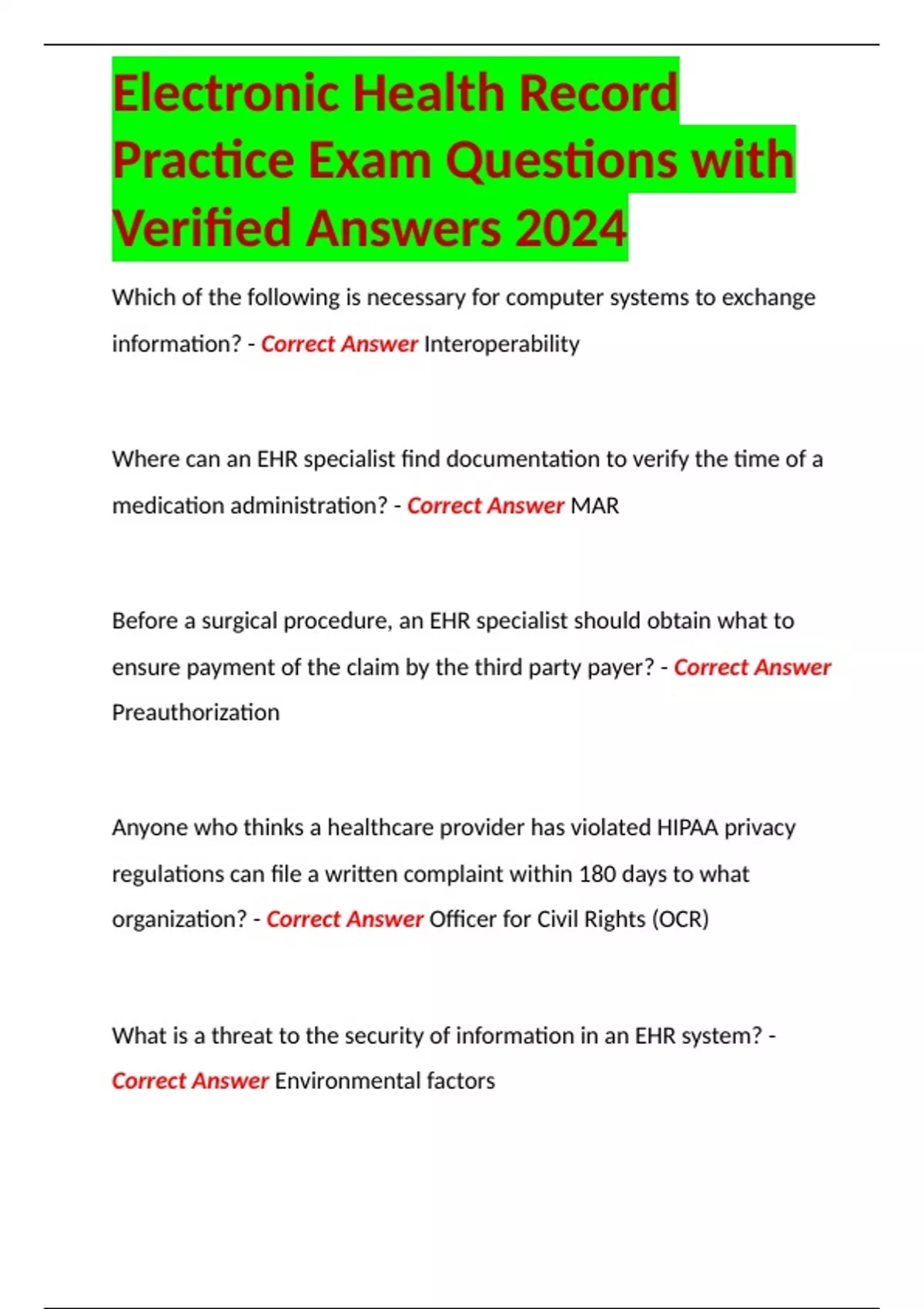 Electronic Health Record Practice Exam Questions with Verified Answers ...