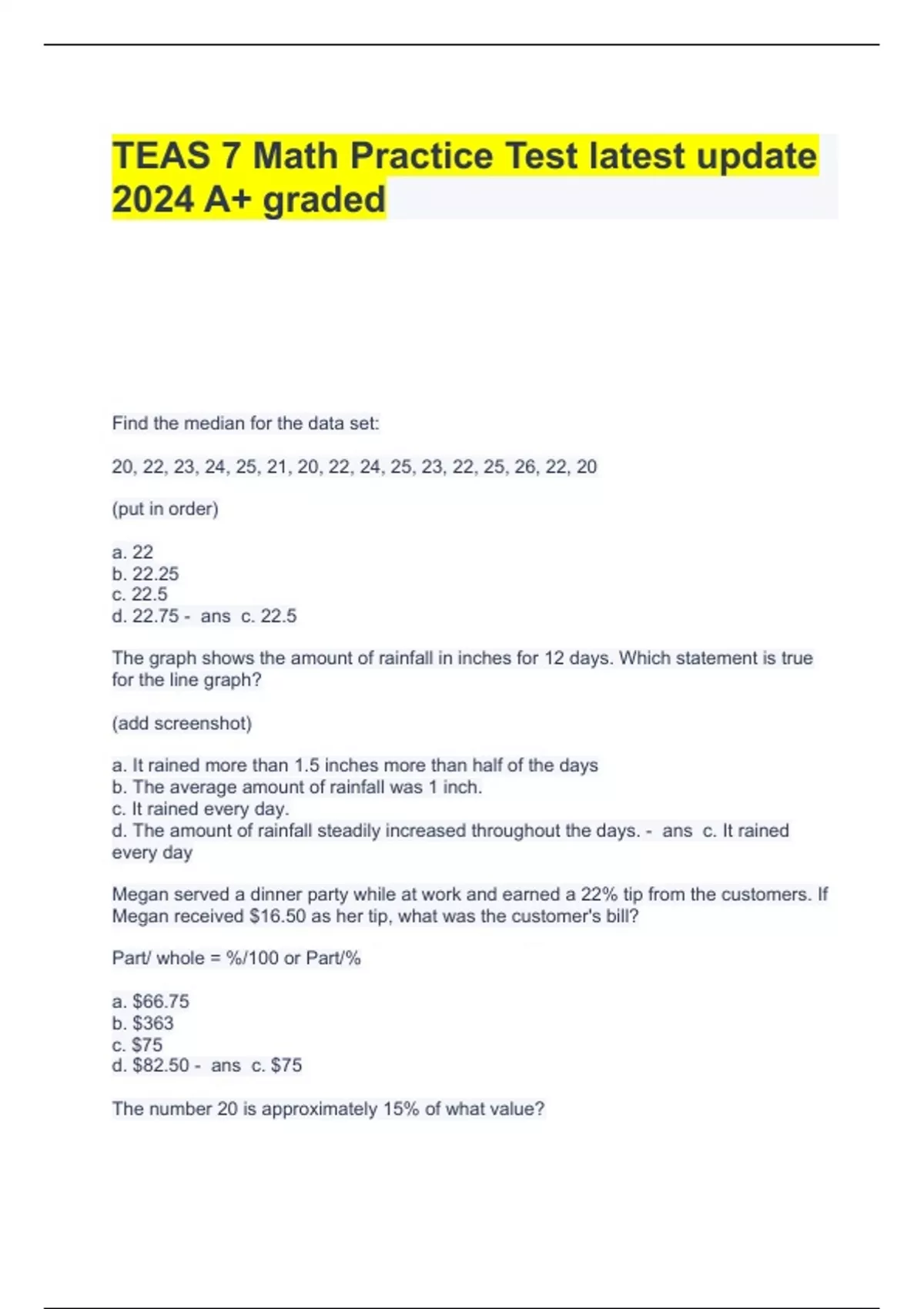 TEAS 7 Math Practice Test latest update 2024 A+ graded - ANTHR 100 ...