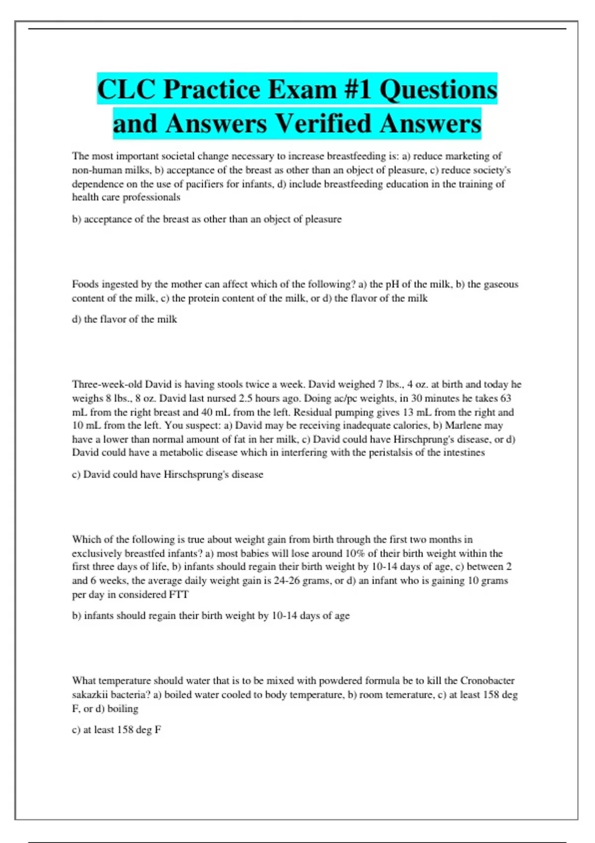 CLC PRACTICE EXAM #1(CERTIFIED LACTATION COUNSELOR) QUESTIONS WITH COMPLETE SOLUTIONS 2024 - CLC ...