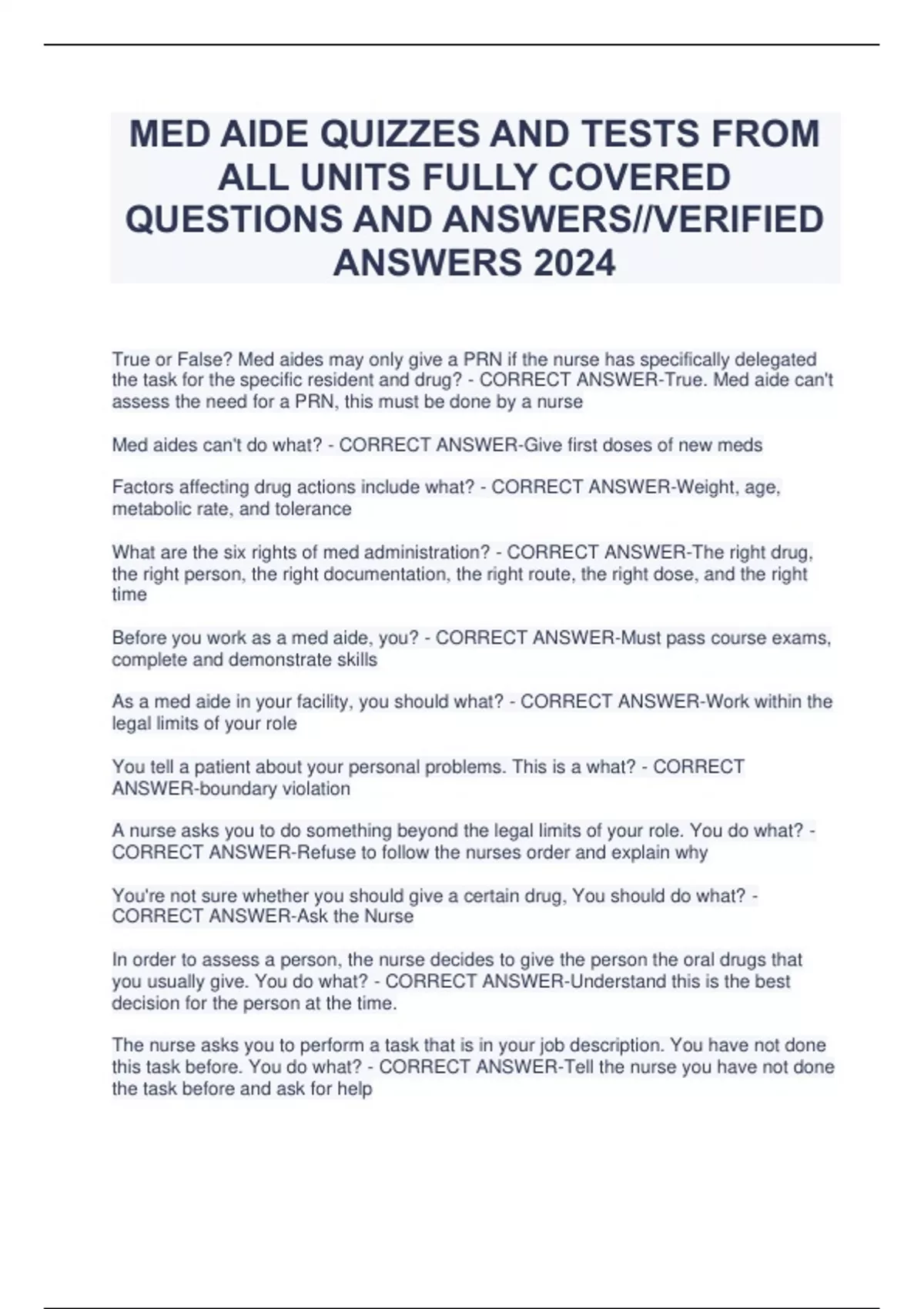 MED AIDE QUIZZES AND TESTS FROM ALL UNITS FULLY COVERED QUESTIONS AND ...