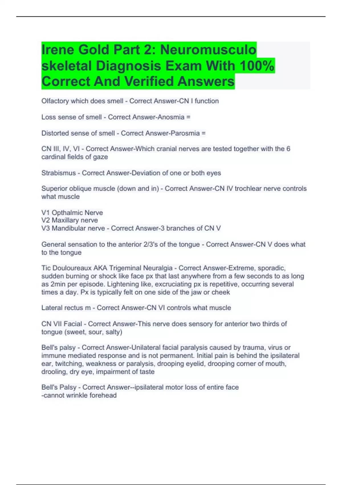 Irene Gold Part 2: Neuromusculo skeletal Diagnosis Exam With 100% ...