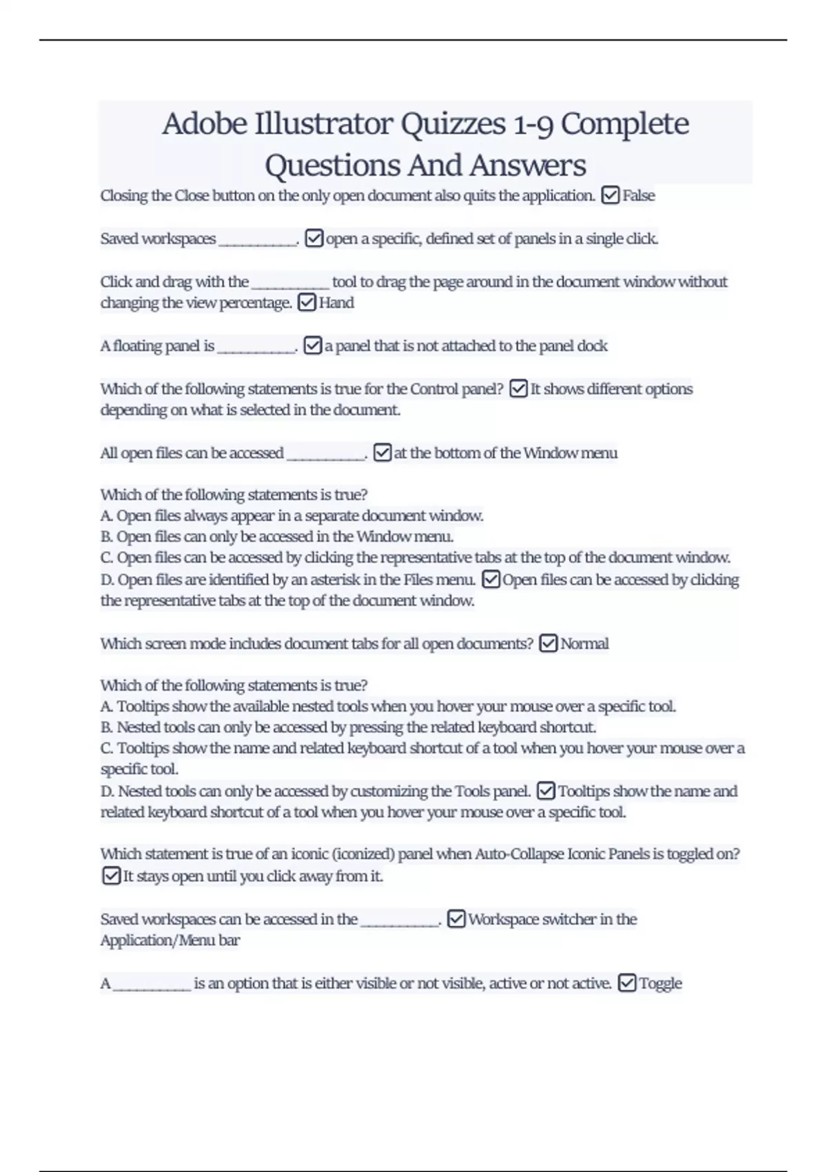 Adobe Illustrator Quizzes 1-9 Complete Questions And Answers - Adobe ...