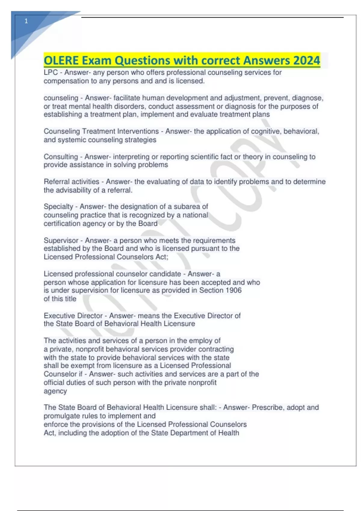 OLERE Exam Questions with correct Answers 2024. - OLERE - Stuvia US