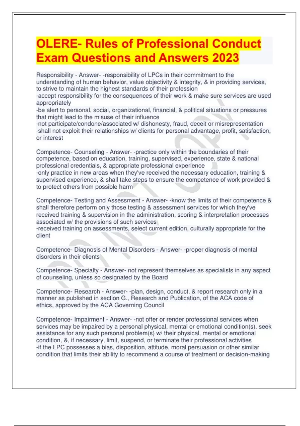 OLERE- Rules of Professional Conduct Exam Questions and Answers 2023 ...
