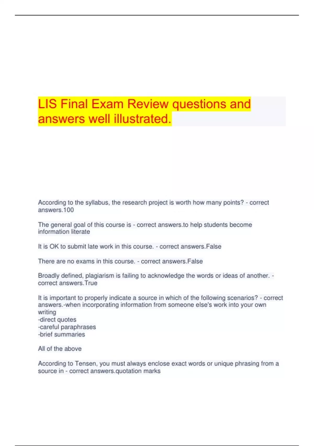LIS Final questions and answers latest top score. - LIS - Stuvia US