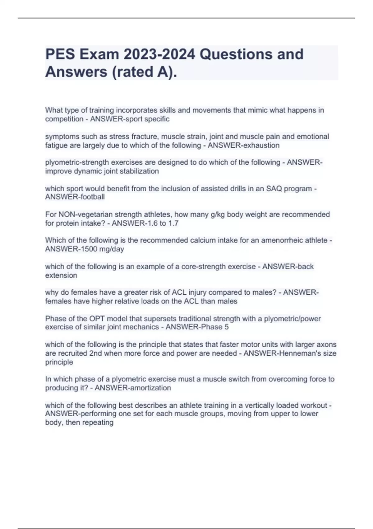 PES Exam Questions and Answers (rated A). - Pes - Stuvia US