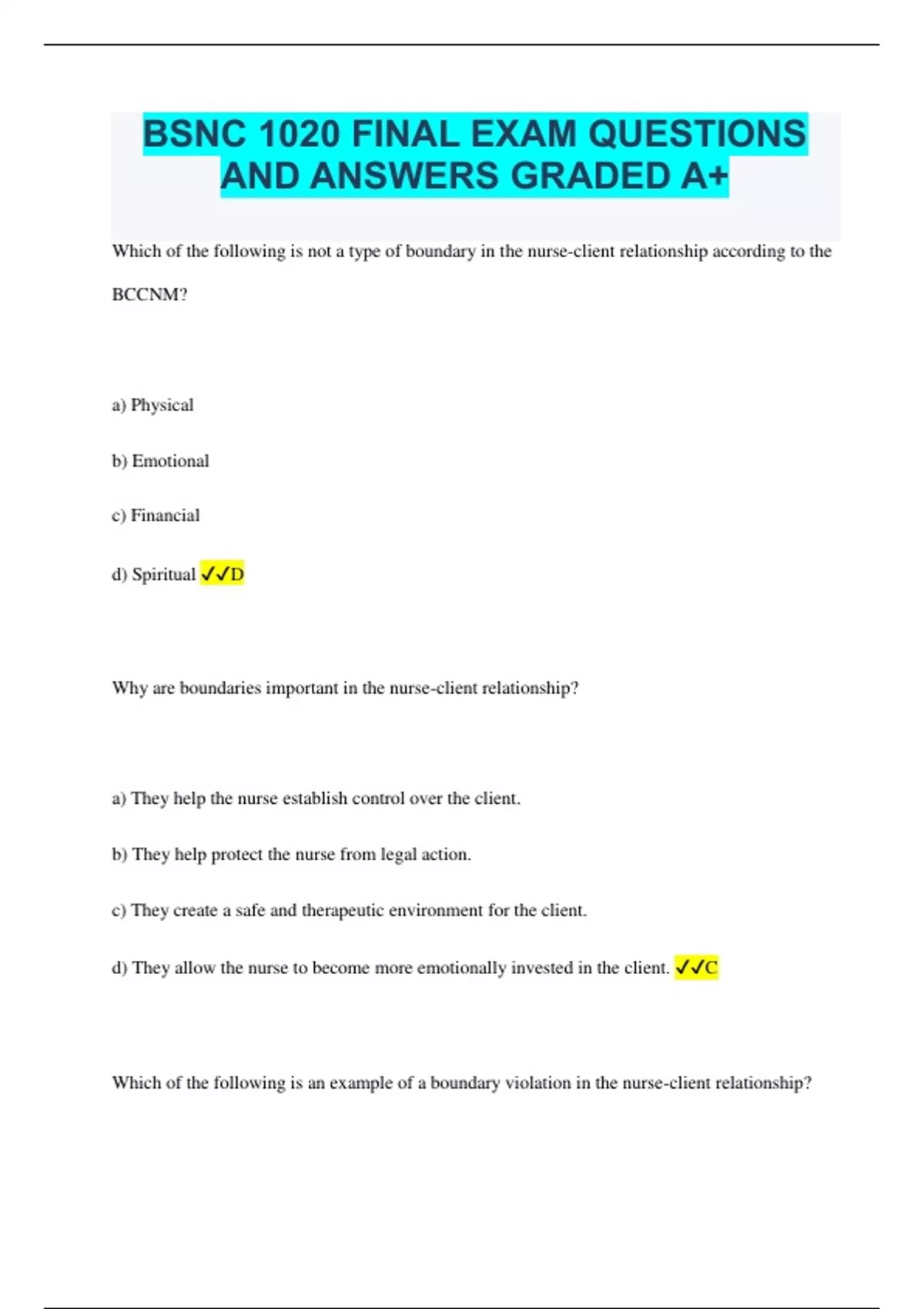 BSNC 1020 FINAL EXAM QUESTIONS AND ANSWERS GRADED A+ - BSNC 1020 ...