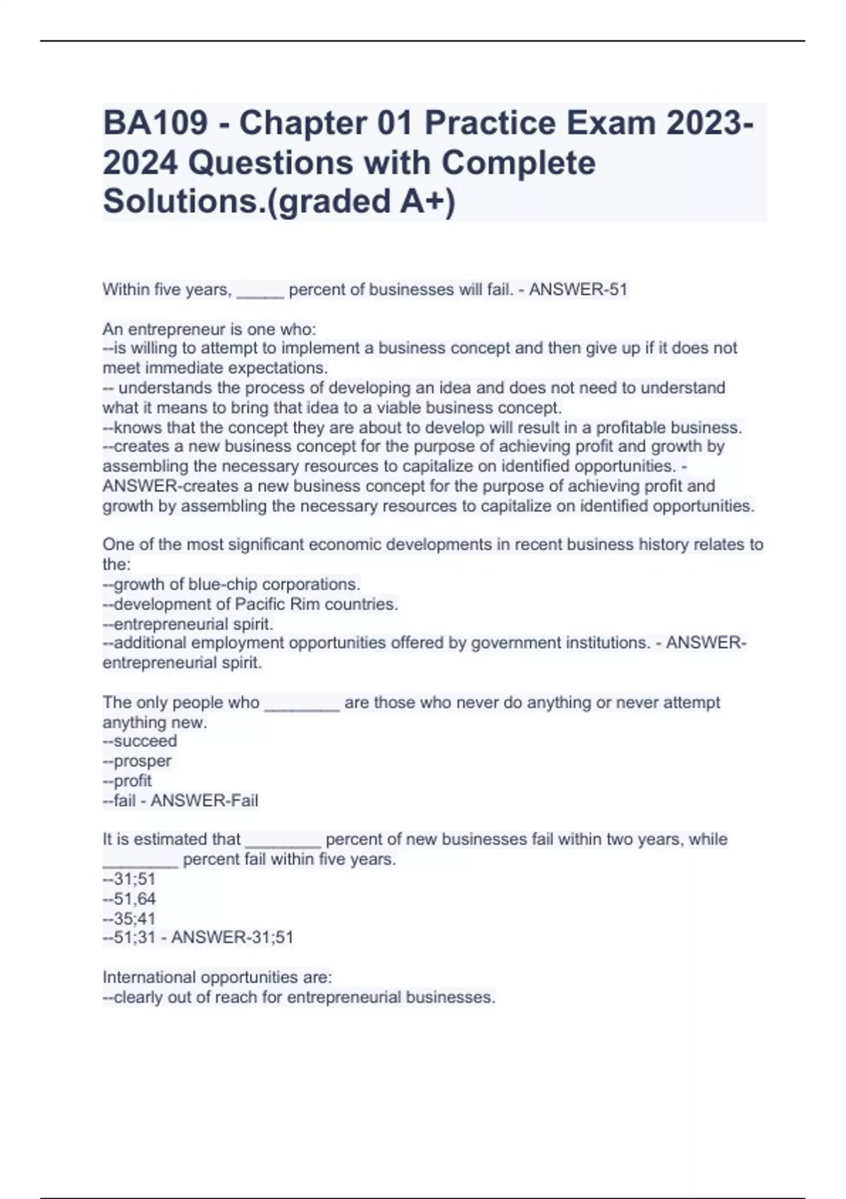 BA109 - Chapter 01 Practice Exam Questions with Complete Solutions.(graded A+) - BA109 - - Stuvia US