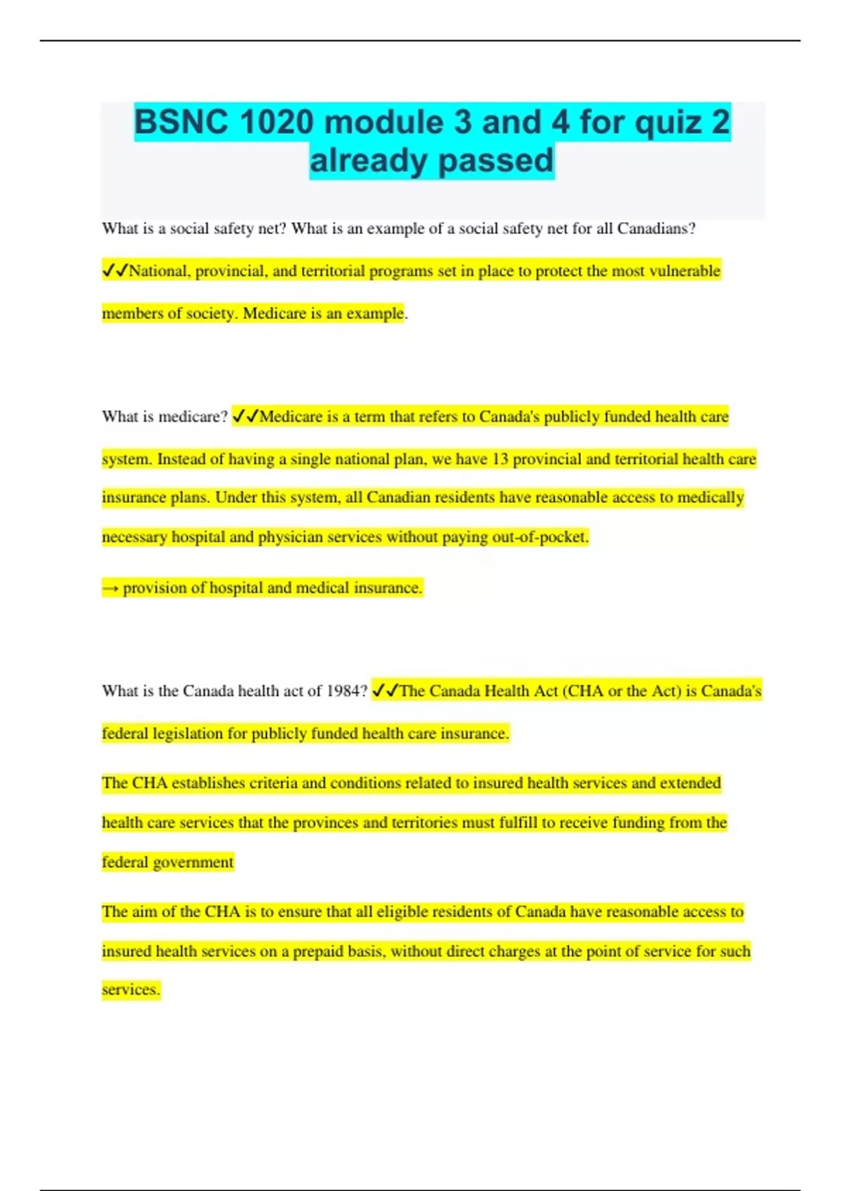 BSNC 1020 module 3 and 4 for quiz 2 already passed - BSNC 1020 - Stuvia US