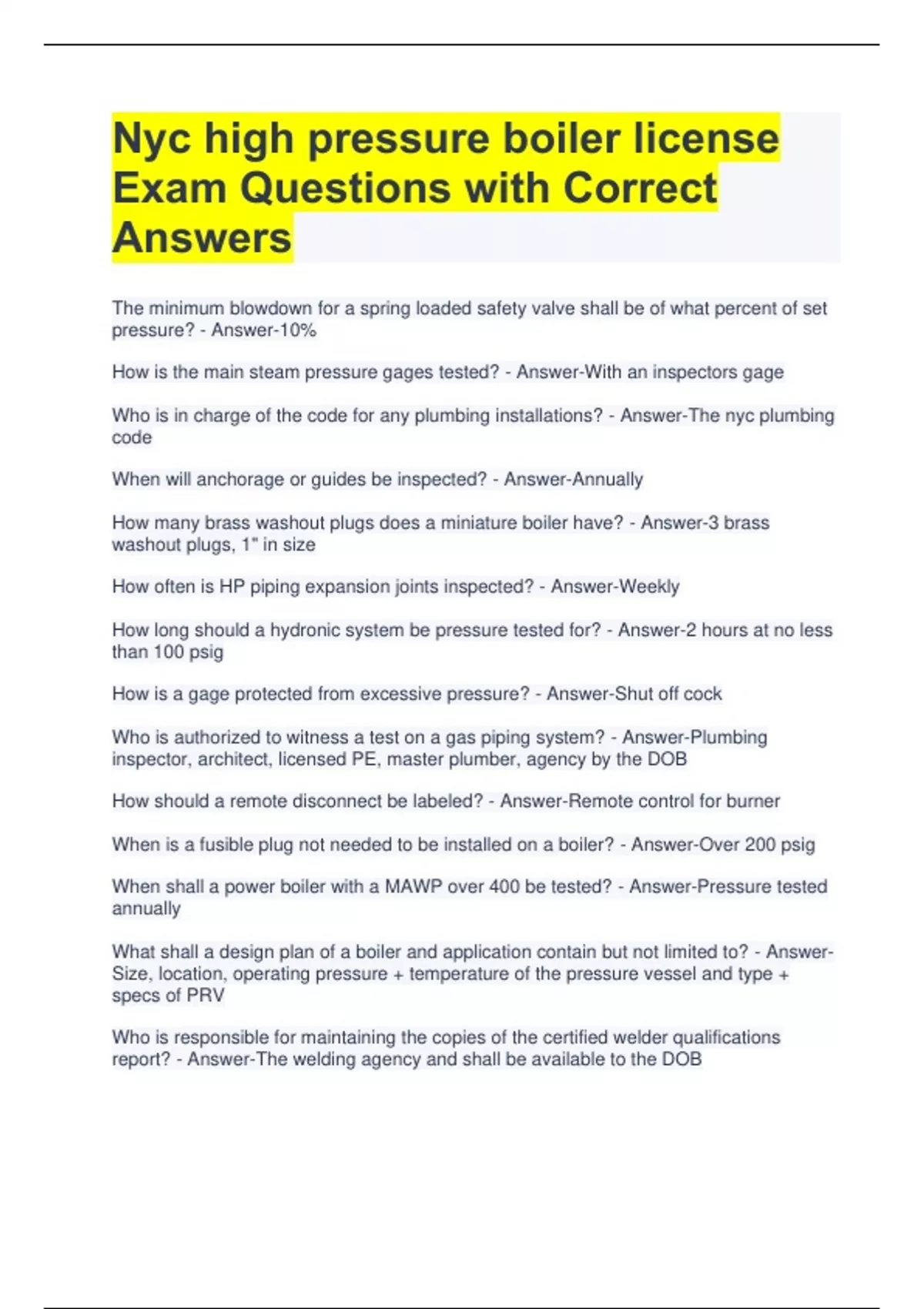Nyc high pressure boiler license Exam Questions with Correct Answers ...