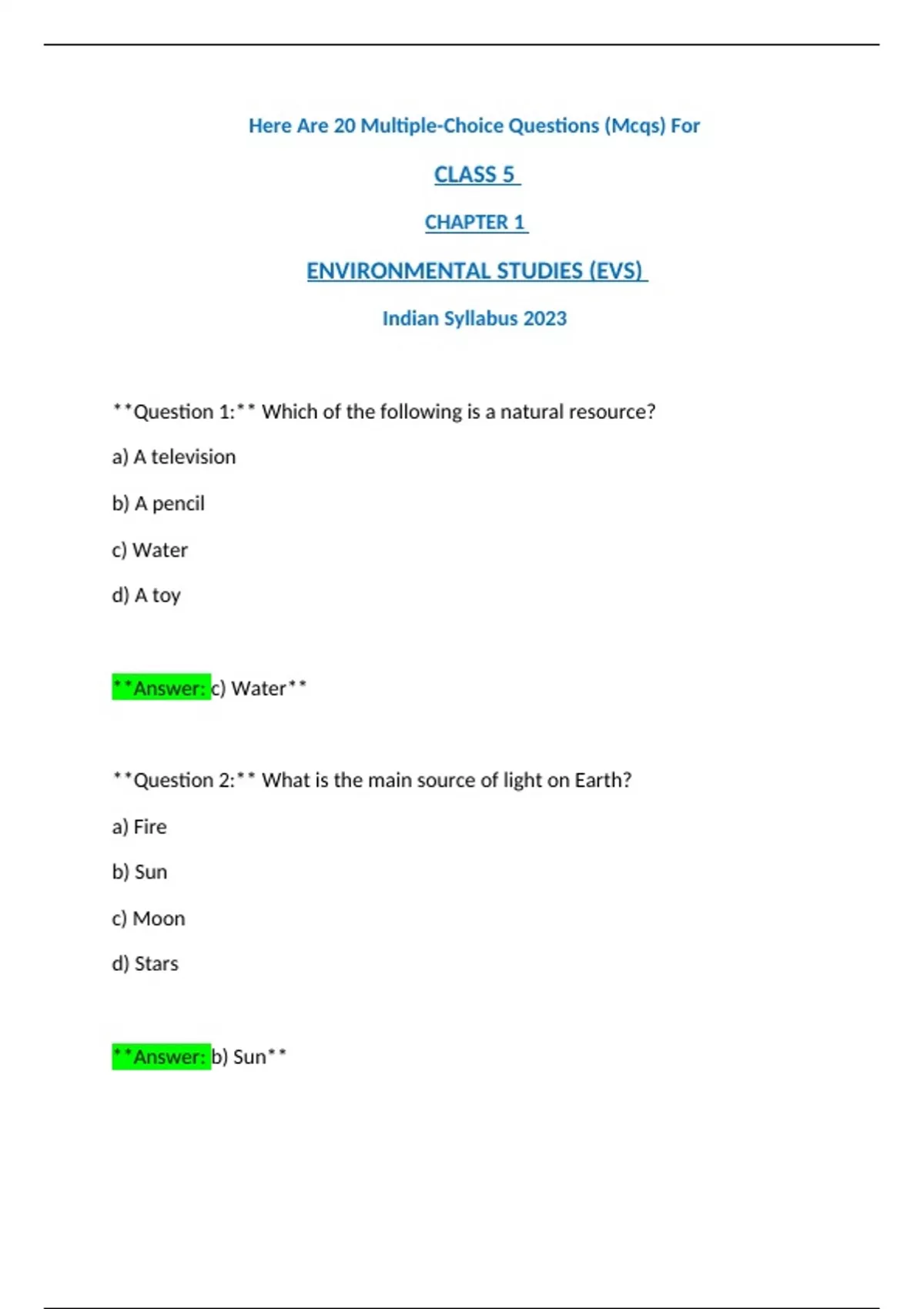 SOLVED MCQS CLASS 5 CHAPTER 1 EVS - ENVIRONMENTAL STUDIES - Stuvia US
