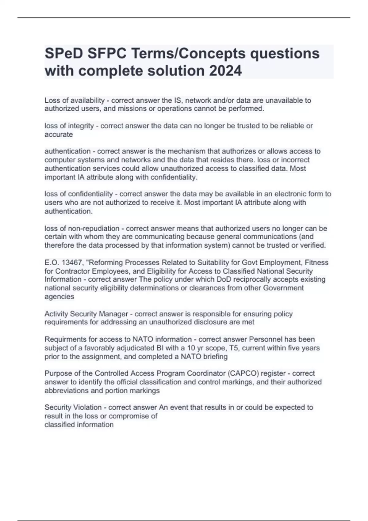 SPeD SFPC Terms/Concepts questions with complete solution 2024 - Sfpc - Stuvia US