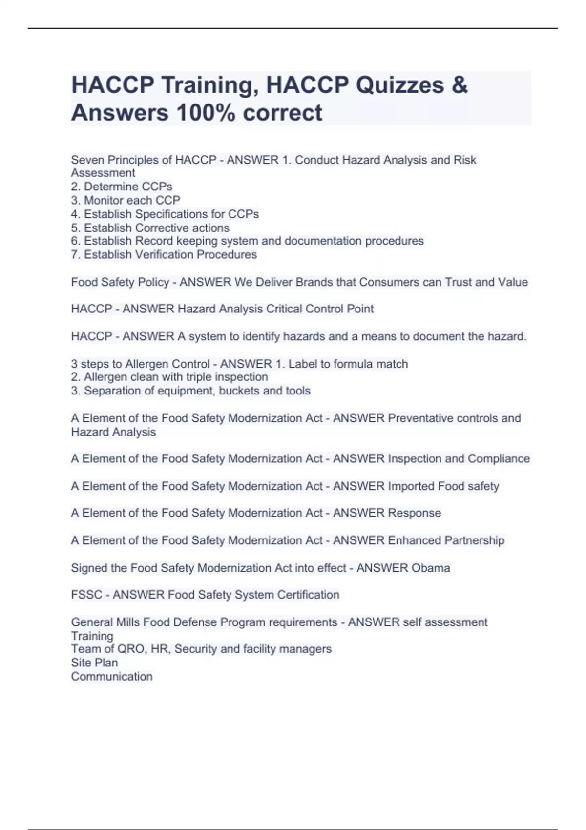 HACCP Training, HACCP Quizzes & Answers 100% correct - HACCP - Stuvia US