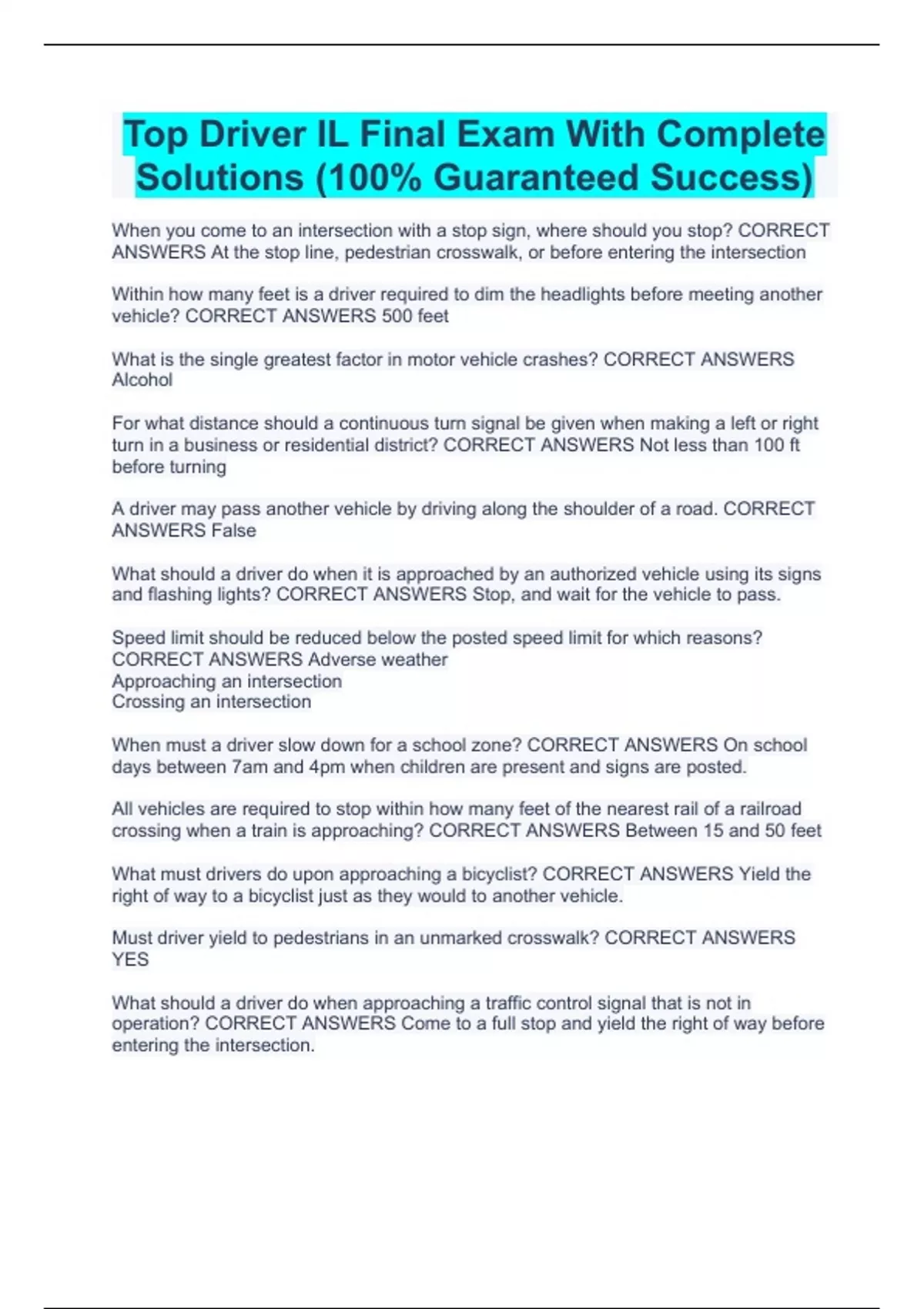 Top Driver IL Final Exam With Complete Solutions (100% Guaranteed ...