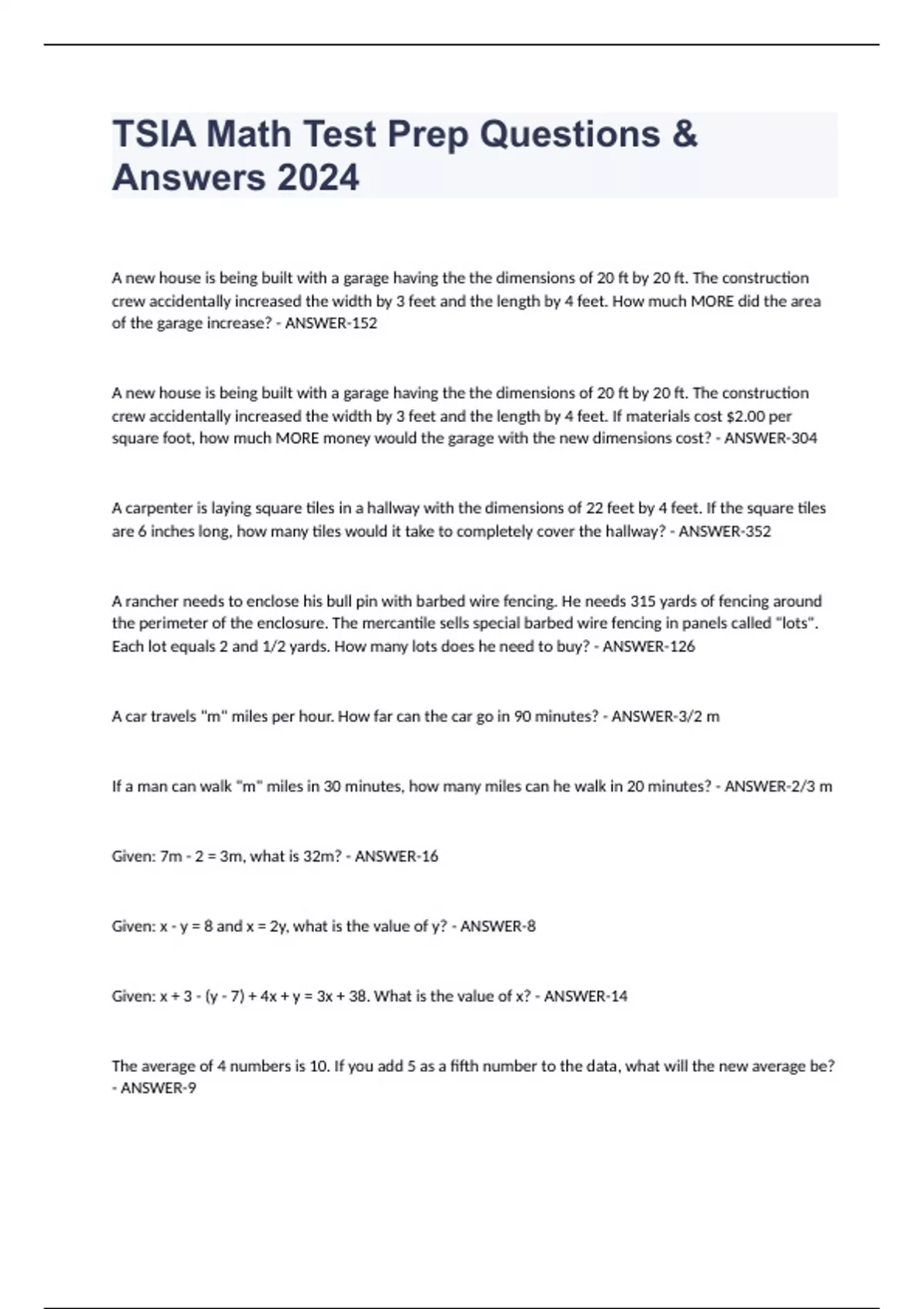 TSIA Math Test Prep Questions & Answers 2024 - TSIA Math T - Stuvia US