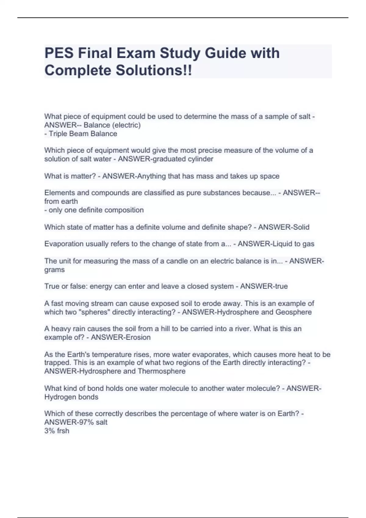 PES Final Exam Study Guide with Complete Solutions!! - PES - Stuvia US