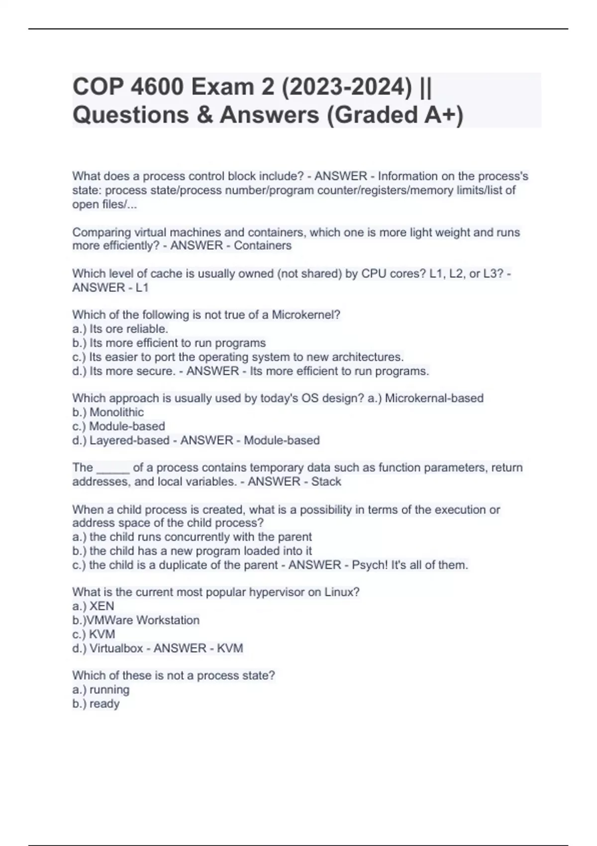 COP 4600 Exam 2 () || Questions & Answers (Graded A+) - COP 4600 ...
