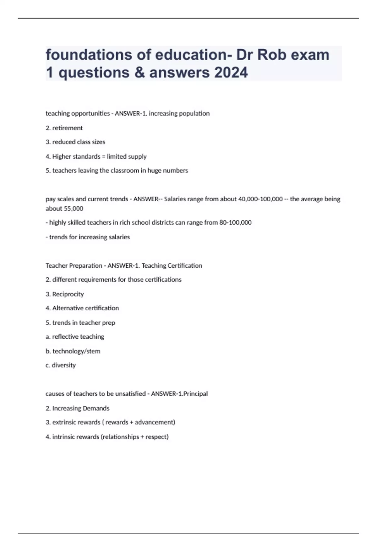 foundations of education- Dr Rob exam 1 questions & answers 2024 ...