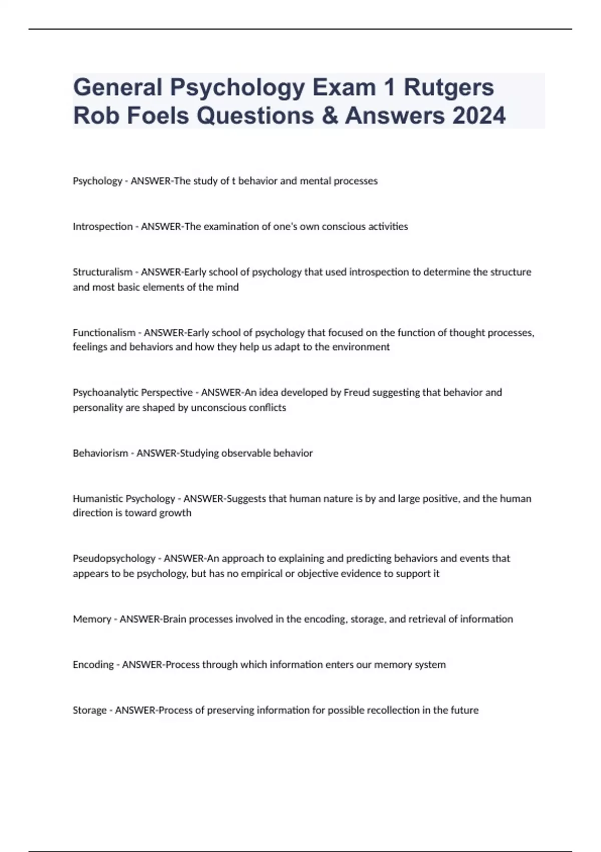 General Psychology Exam 1 Rutgers Rob Foels Questions & Answers 2024 ...