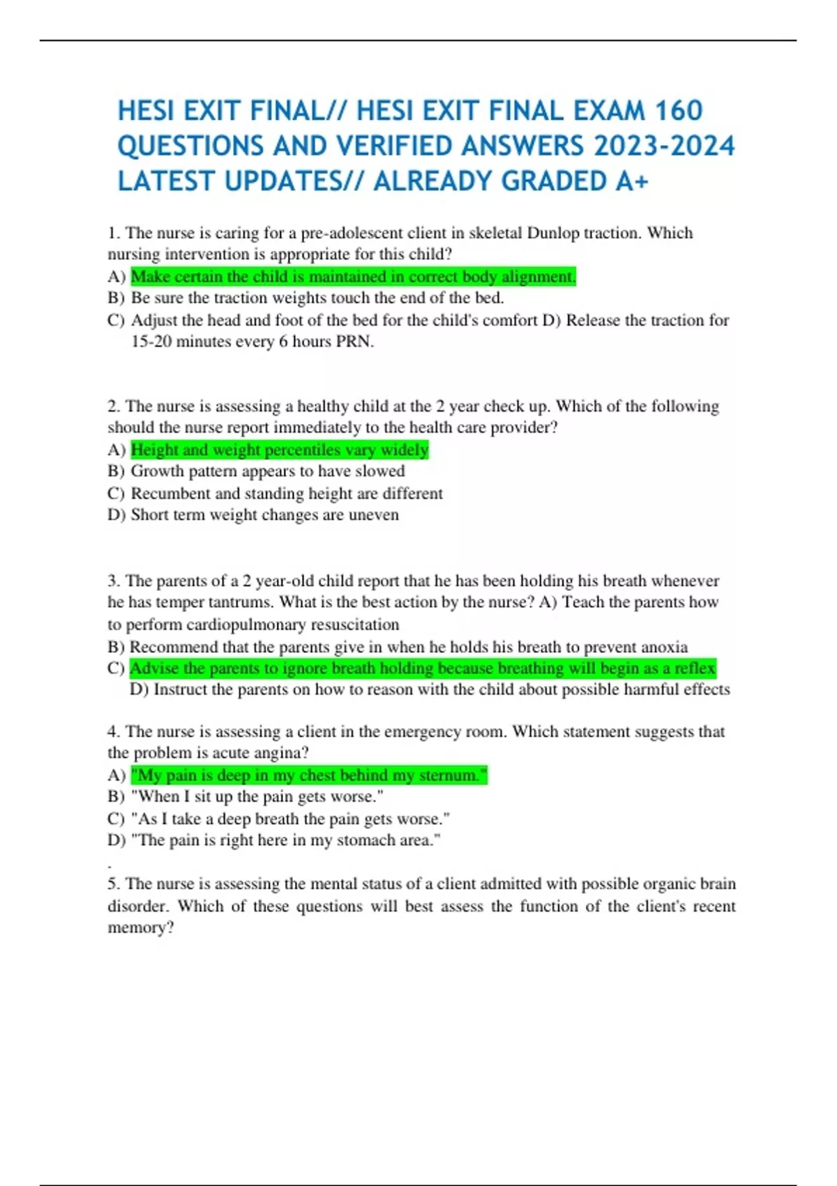 HESI EXIT FINAL// HESI EXIT FINAL EXAM 160 QUESTIONS AND VERIFIED ...
