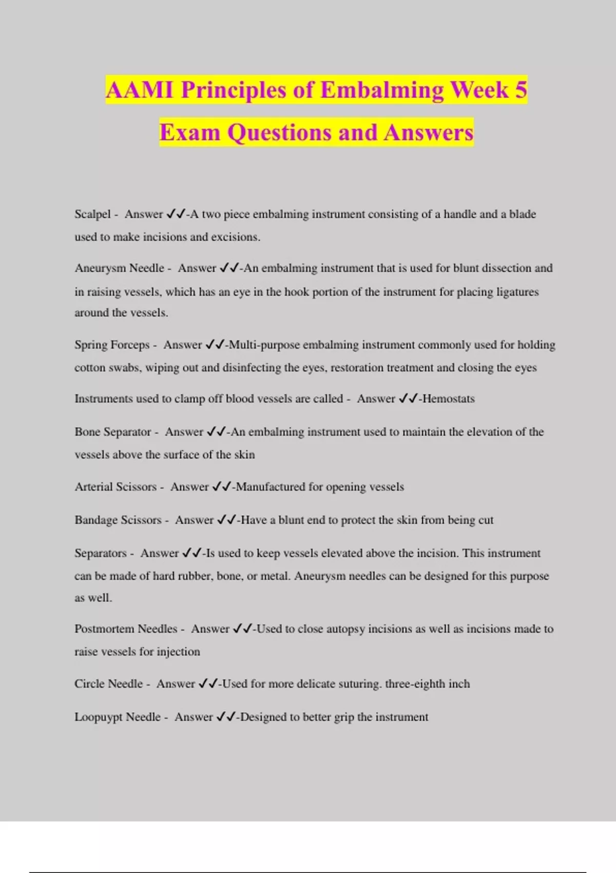 AAMI Principles of Embalming Week 5 Exam Questions and Answers - AAMI ...