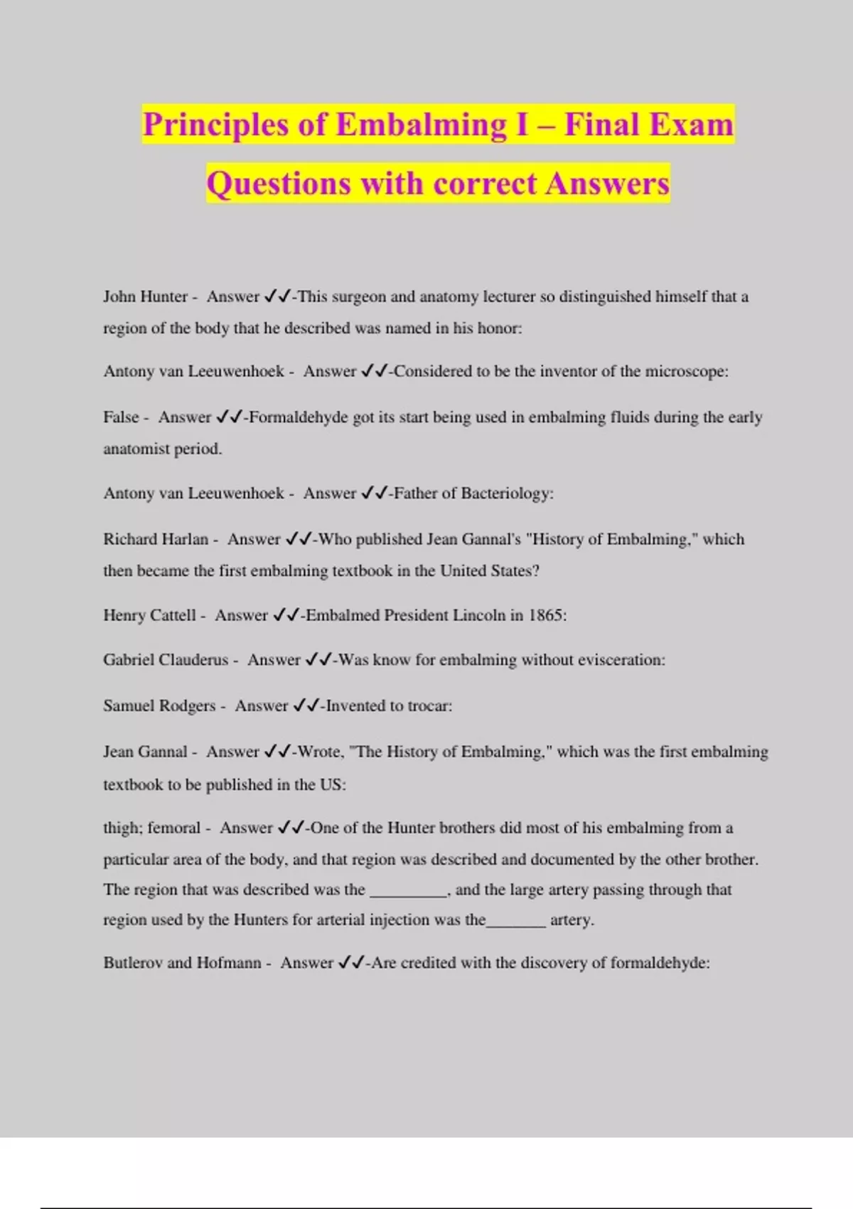 Principles of Embalming I – Final Exam Questions with correct Answers ...