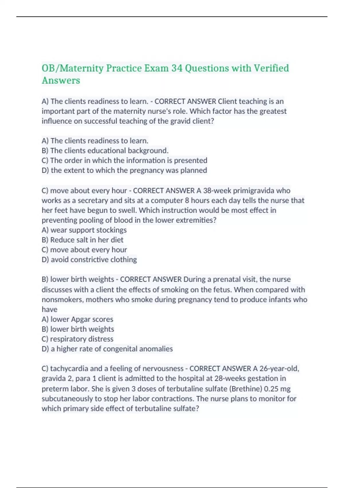 OB/Maternity Practice Exam 34 Questions with Verified Answers,100% ...