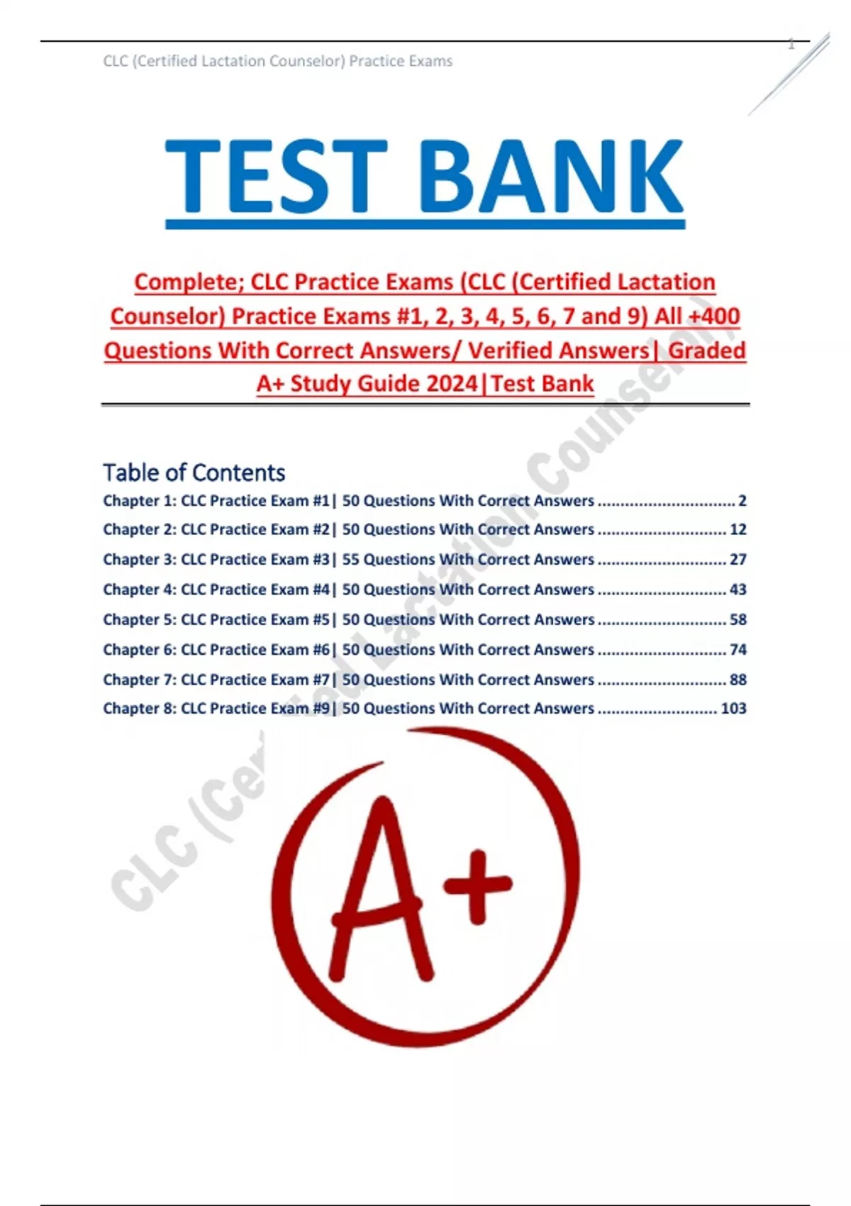 Complete; CLC Practice Exams (CLC (Certified Lactation Counselor) Practice Exams #1, 2, 3, 4, 5 ...