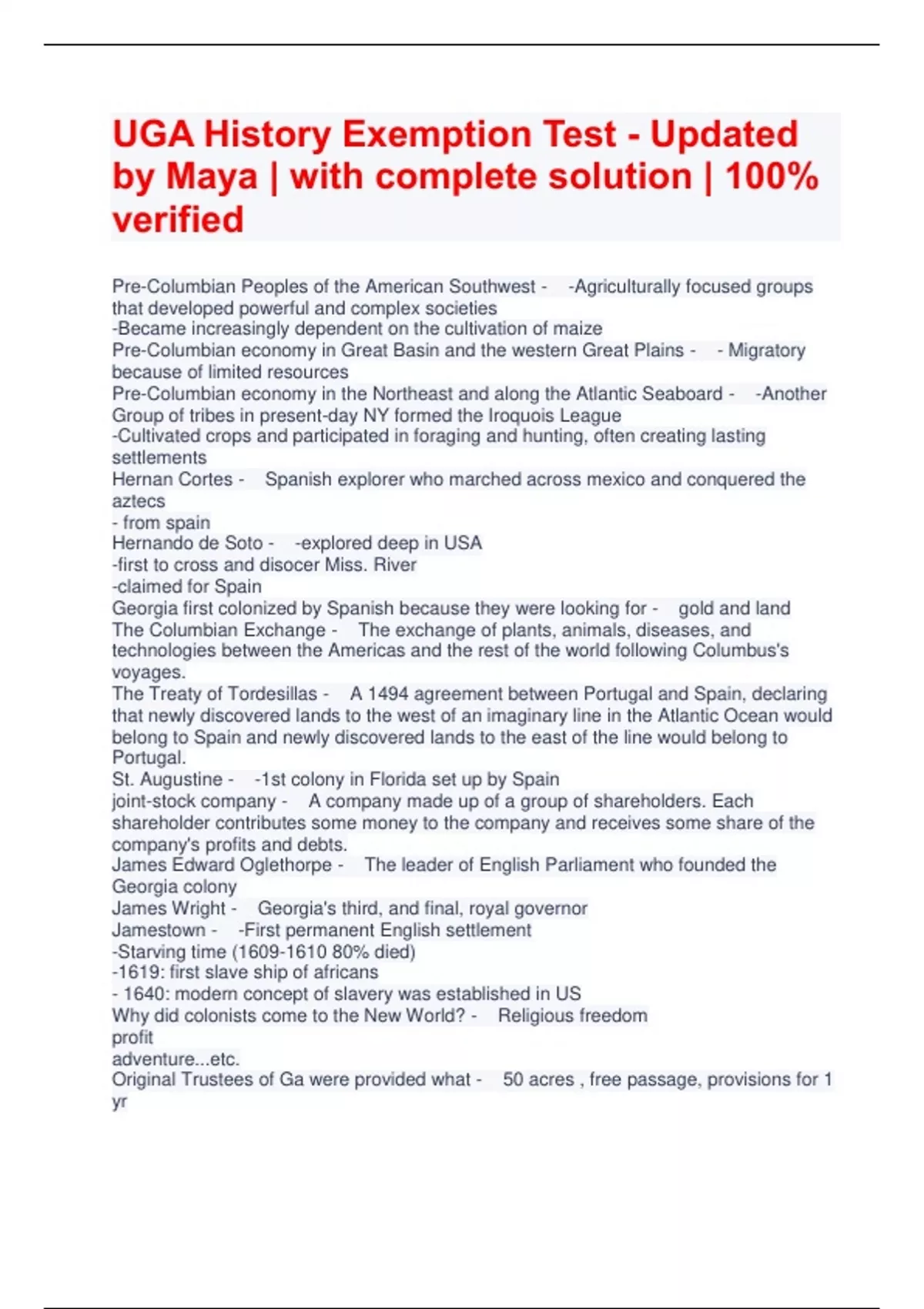 UGA History Exemption Test - Updated by Maya | with complete solution ...