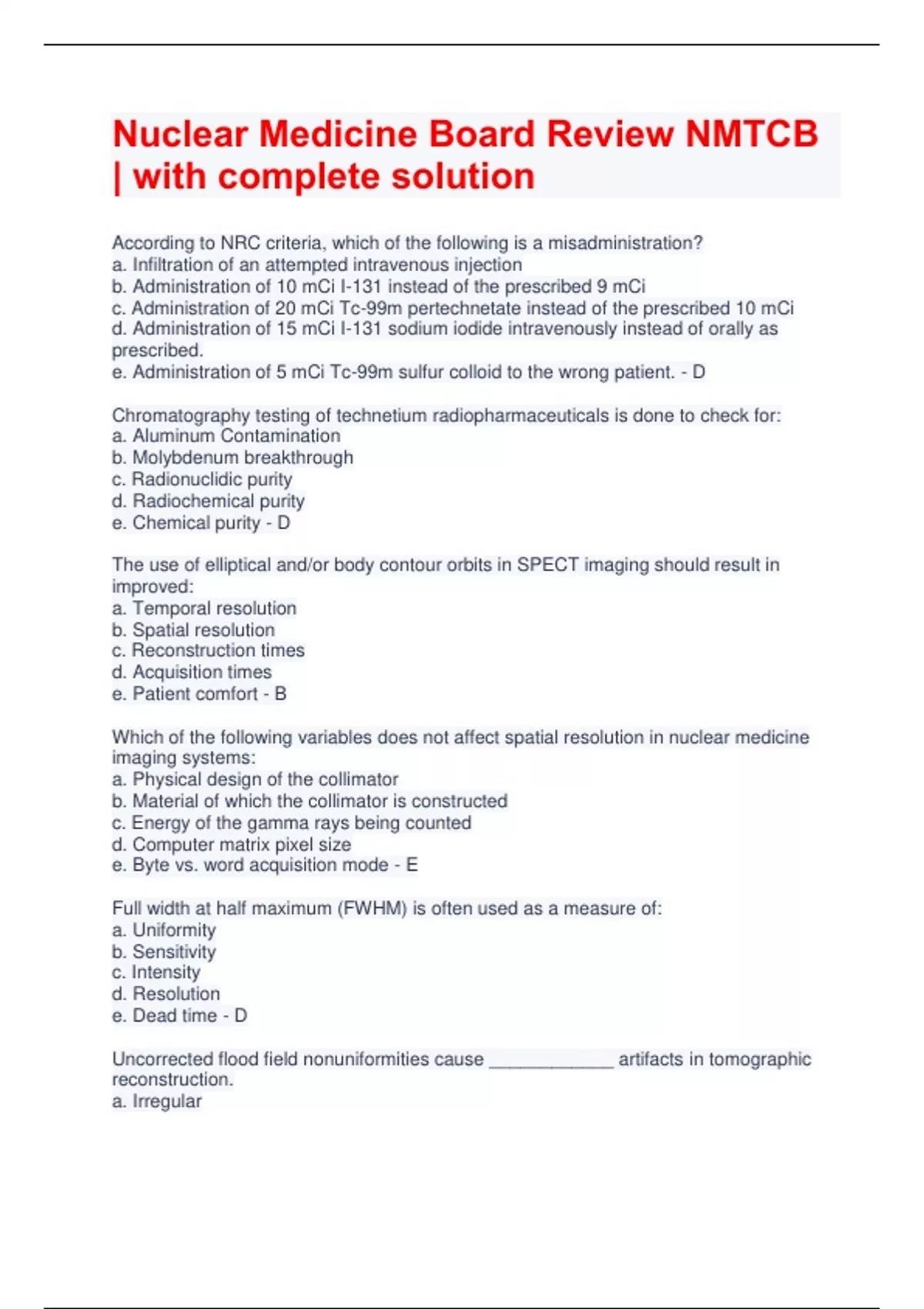 Nuclear Medicine Board Review NMTCB | with complete solution - Nuclear ...