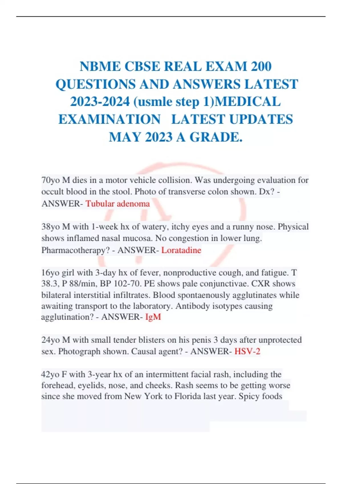 NBME CBSE REAL EXAM 200 QUESTIONS AND ANSWERS LATEST (usmle step 1 ...