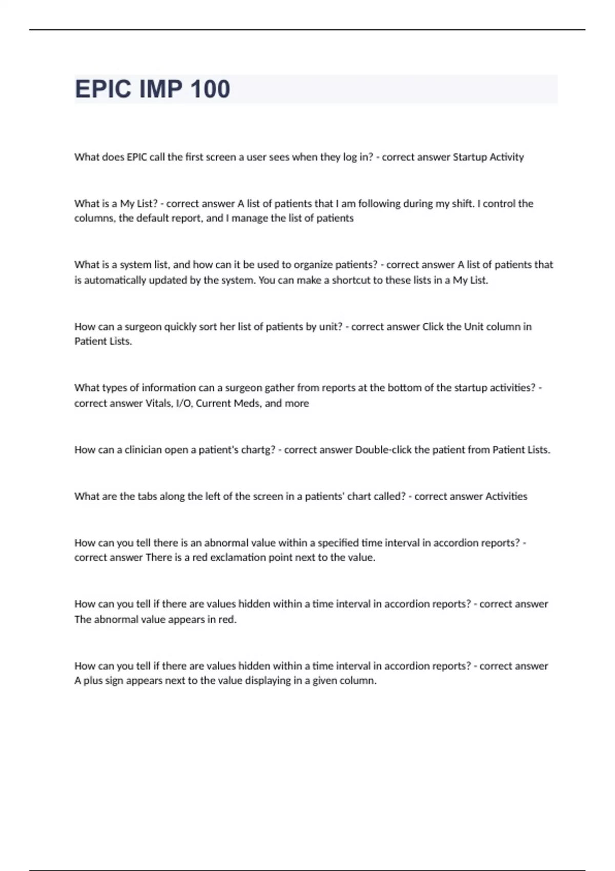 EPIC IMP 100 Question and answers correctly solved 2023/2024 - EPIC - Stuvia US