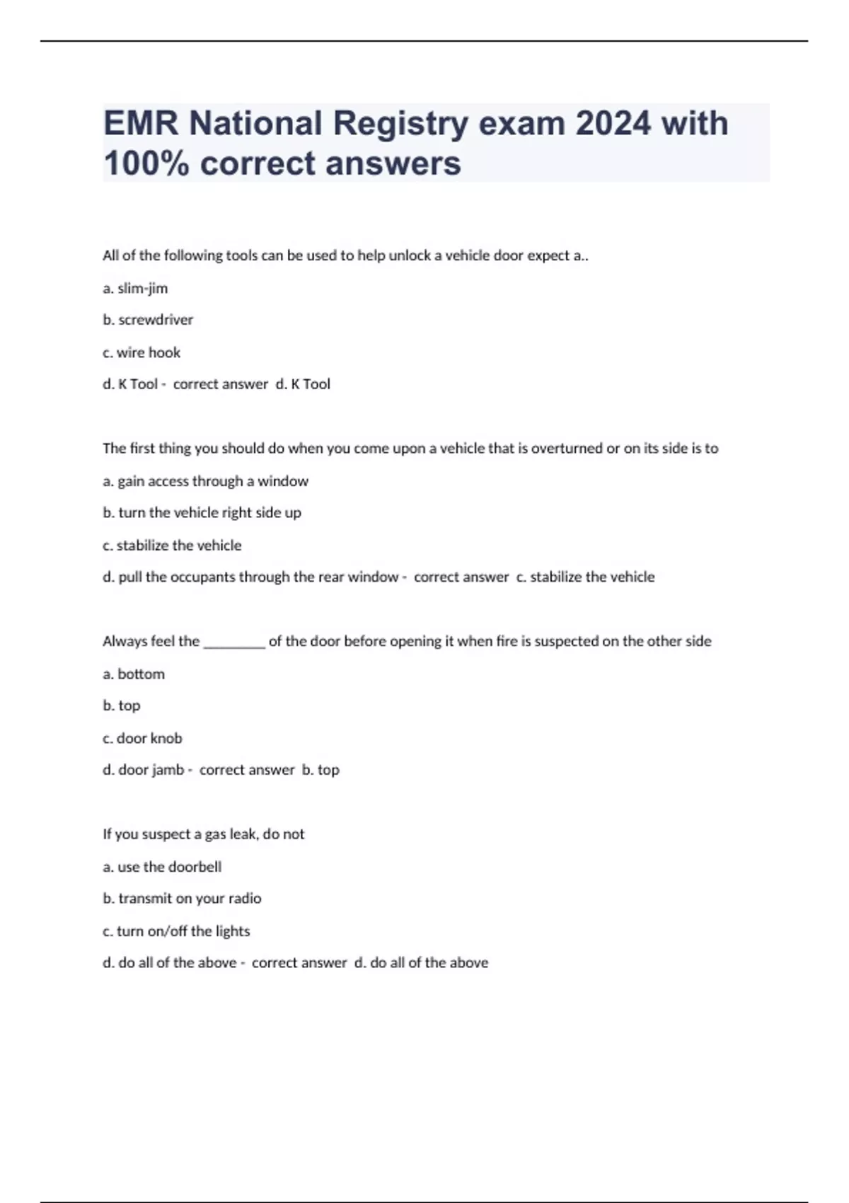 EMR National Registry exam 2024 with 100% correct answers - EMR - Stuvia US