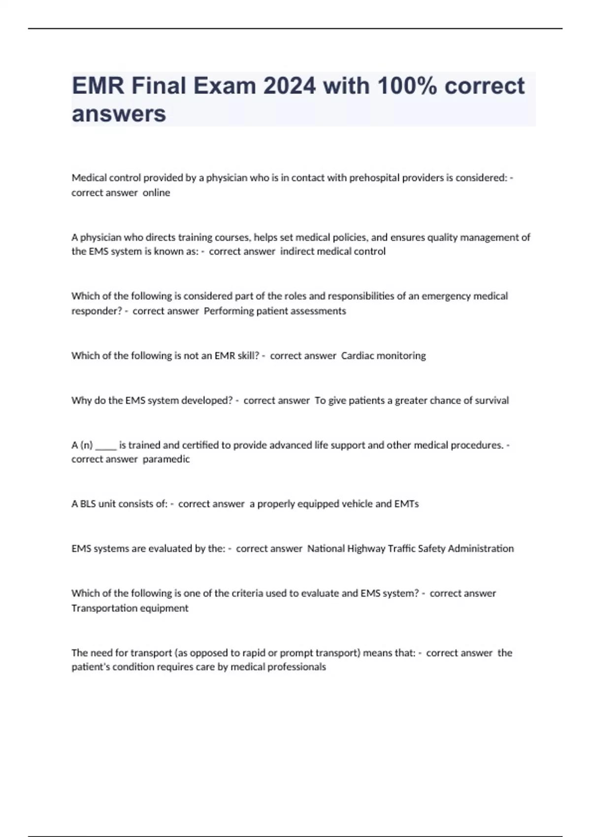 EMR Final Exam 2024 with 100% correct answers - EMR - Stuvia US